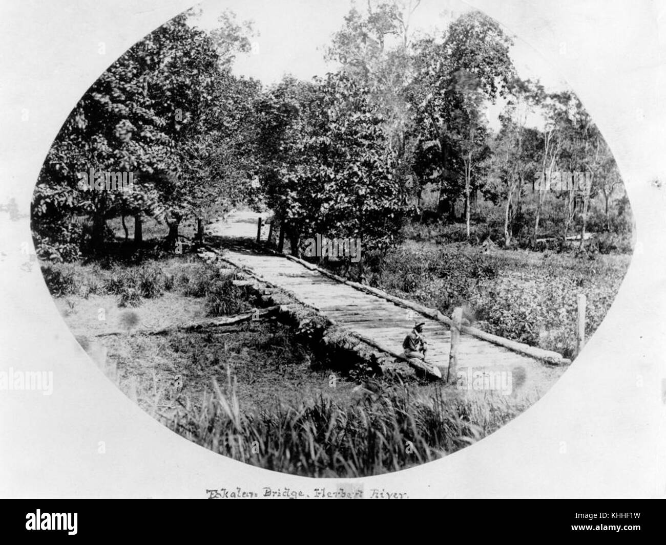 Wooden bridge across the Herbert River outside Ingham Queensland circa ...