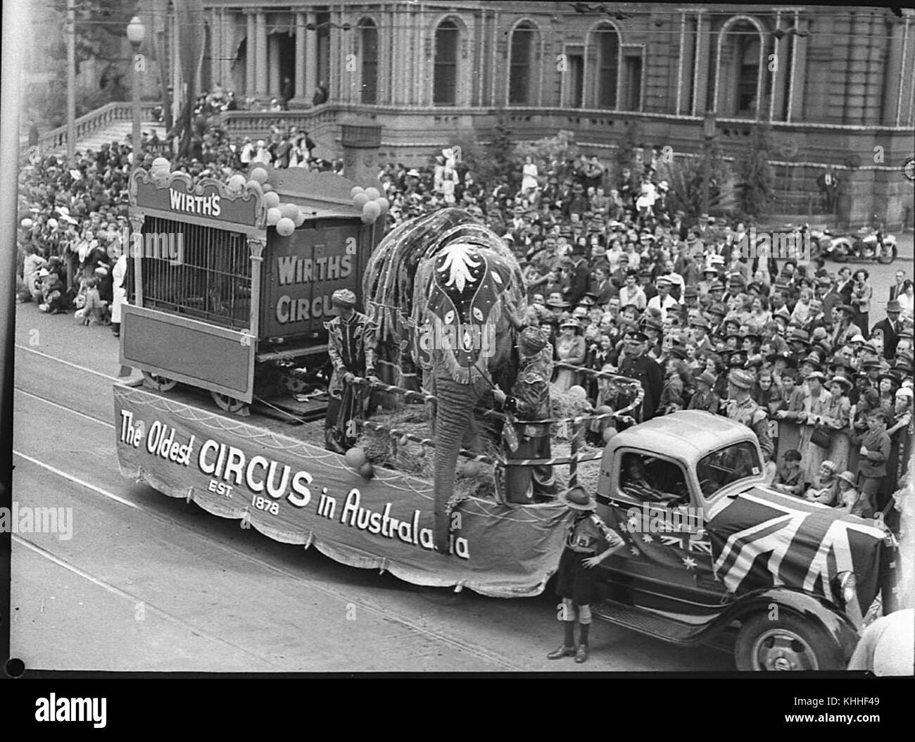 Wirths circus float in Industrial procession, 1938 photog Sam Hood ...
