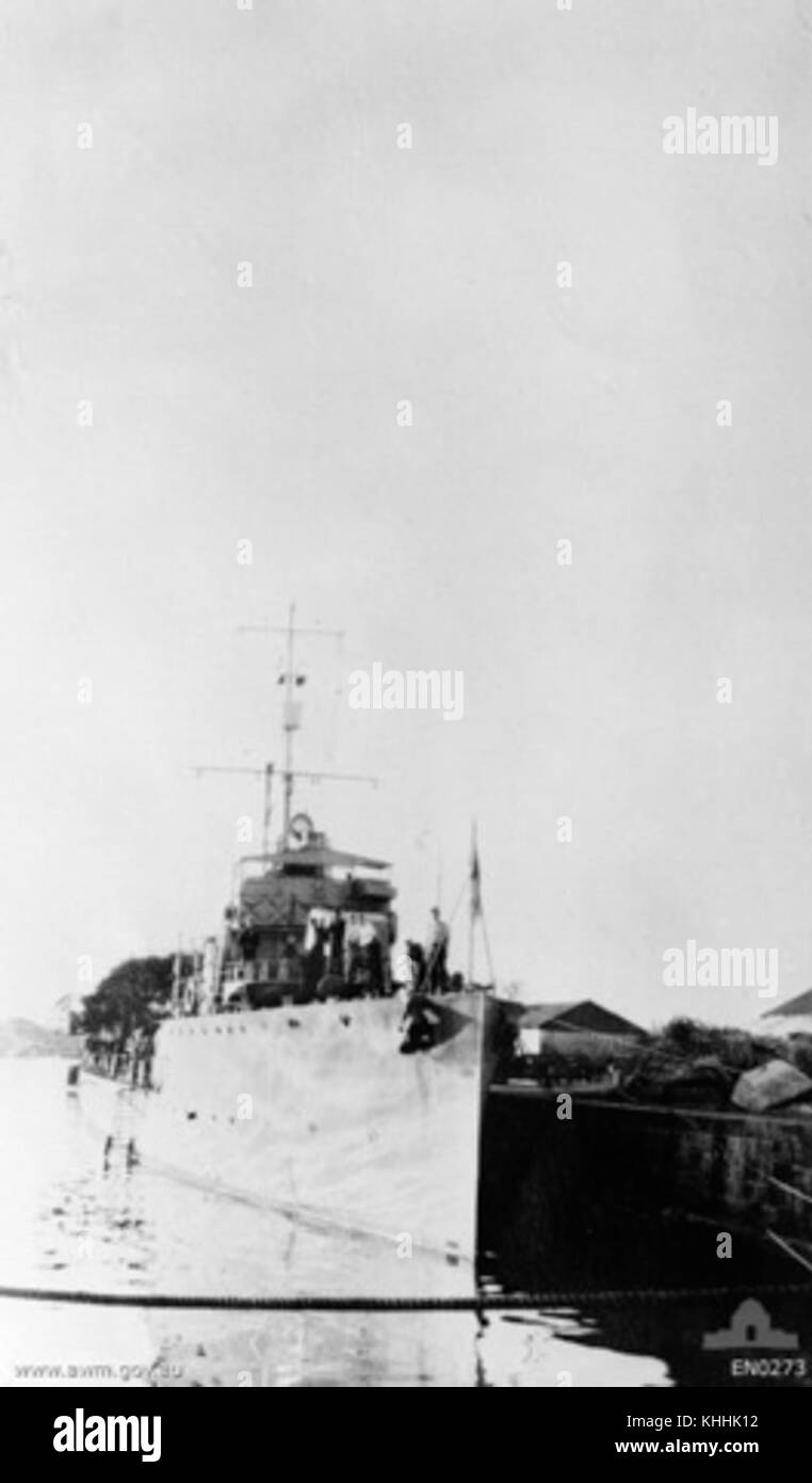 The destroyer HMAS Yarra alongside the oil wharf at a port on the Black ...