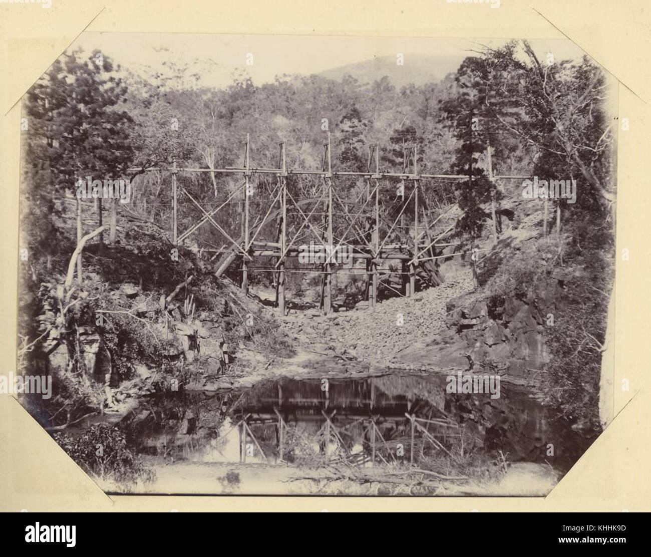 2 255950 Scaffolding spans the creek in preparation for the building of ...