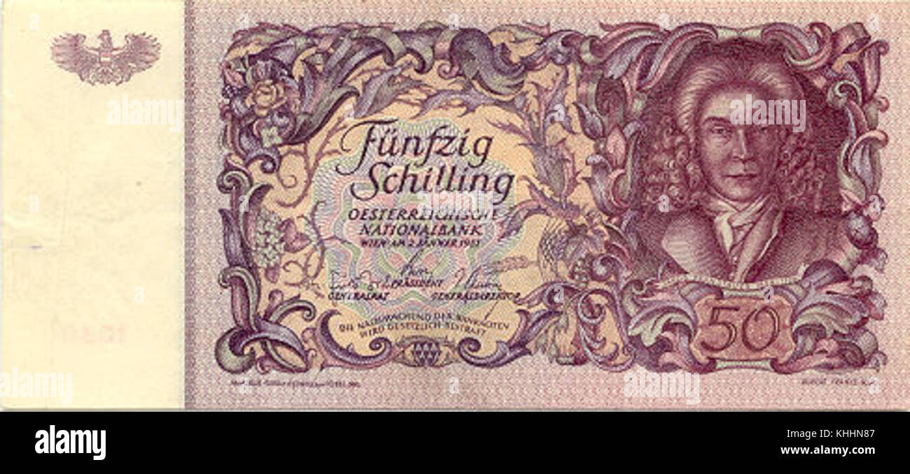This coin, the 50 Schilling, features an image of Jakob Prandtauer, an ...