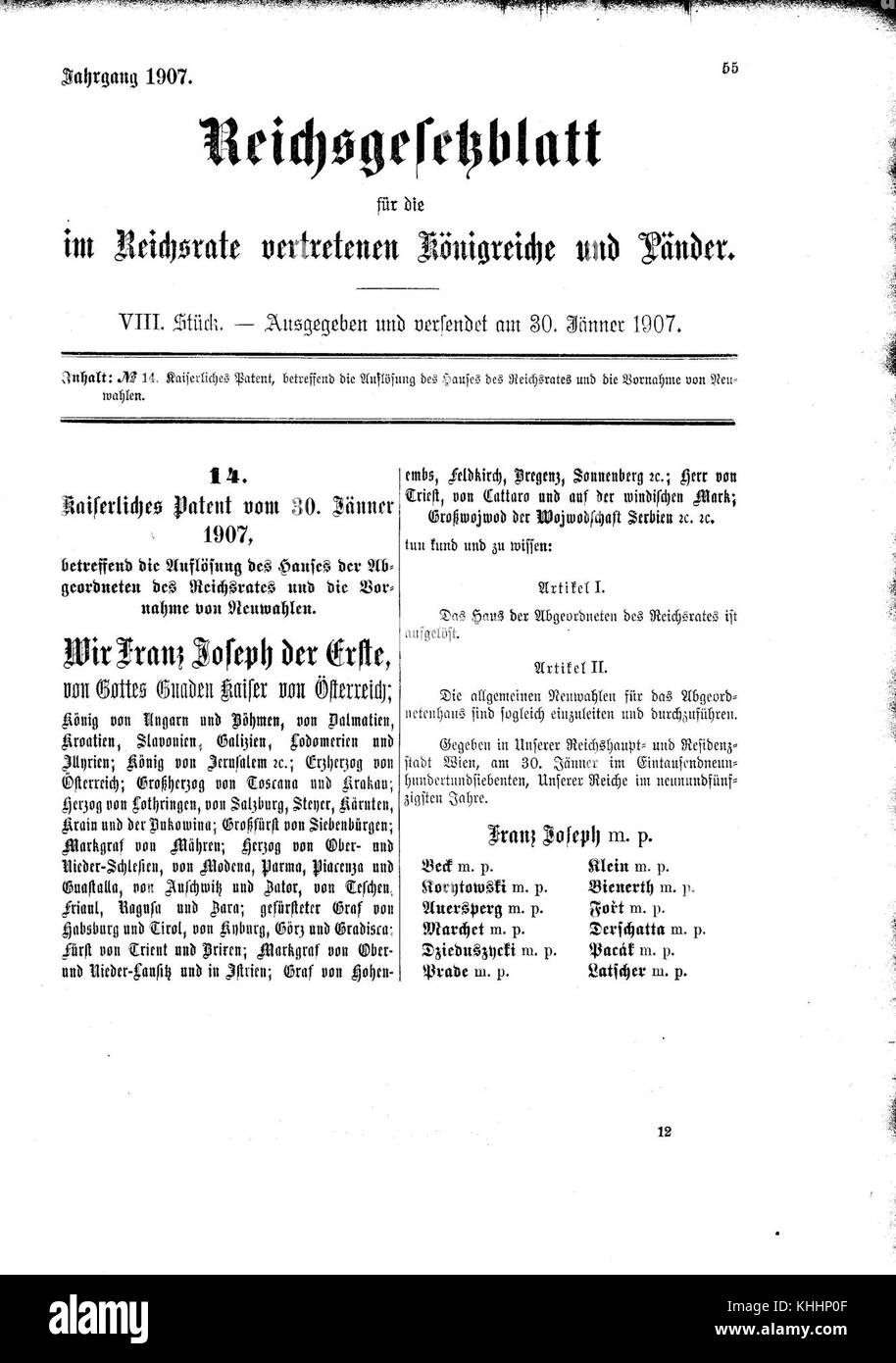Reichsgesetzblatt (Austria) 1907 0055 Stock Photo - Alamy