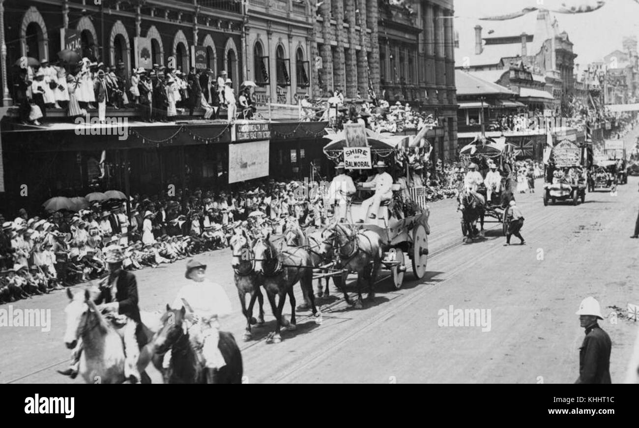 The procession floats in this 1918 photograph depict a Peace ...