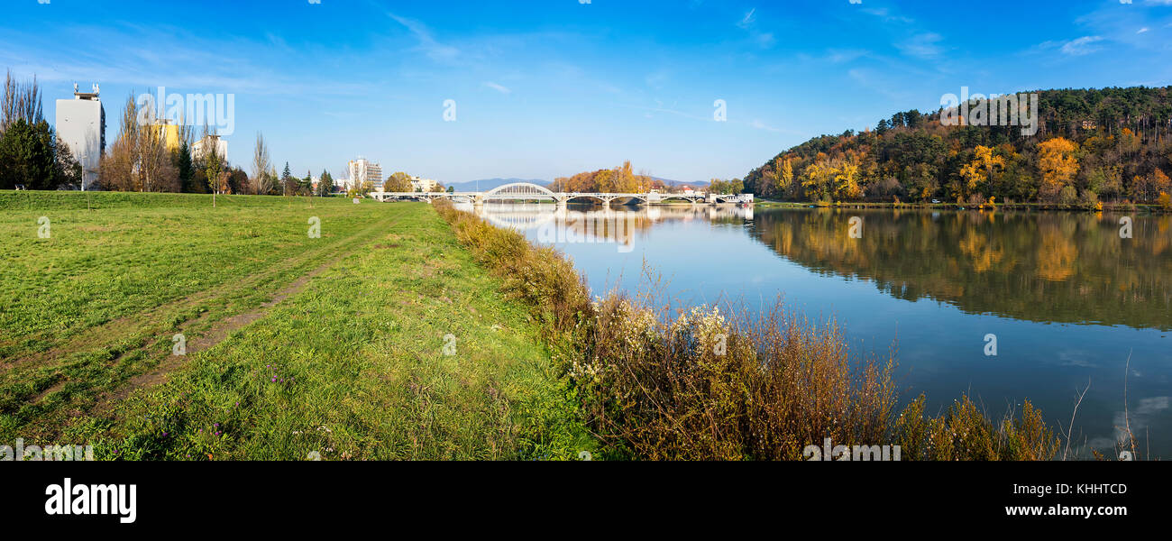 Bridge in Piestany (Slovakia), Vah river + blue sky + colorful autumn ...