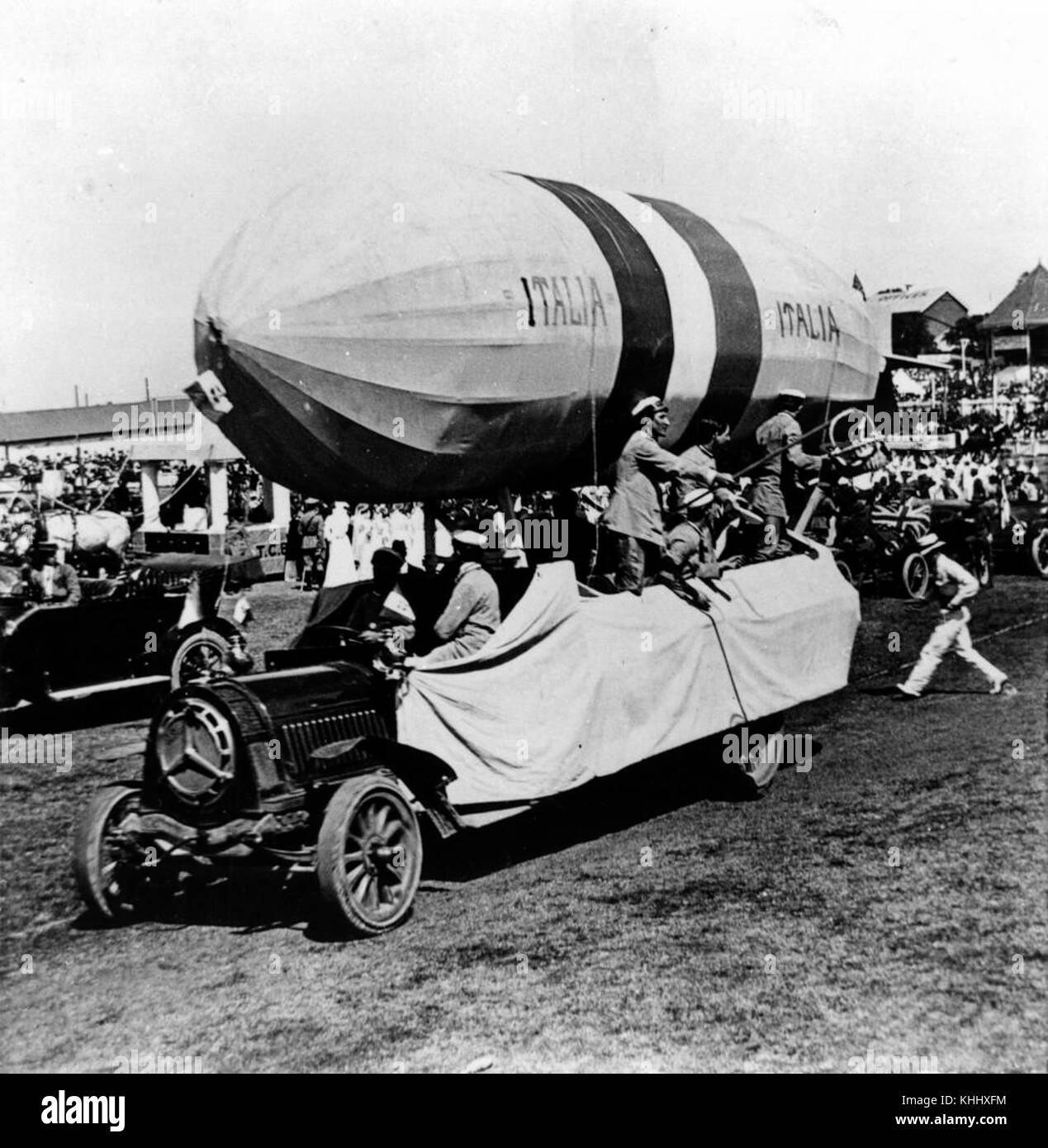 This photograph shows an Italian airship being transported on a De Dion ...