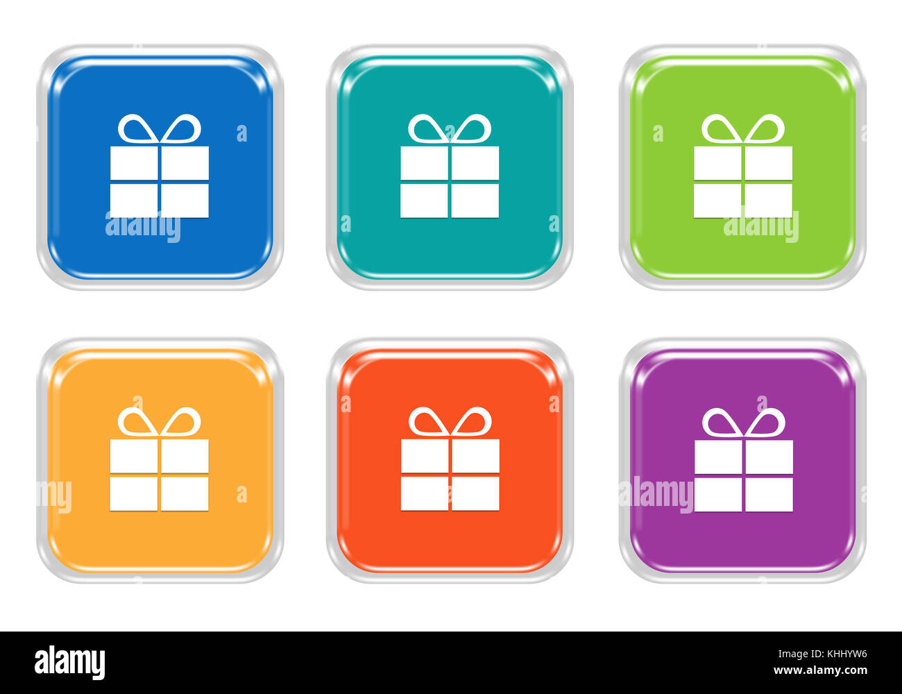 Set of rounded square colorful buttons with gift symbol in blue, green ...
