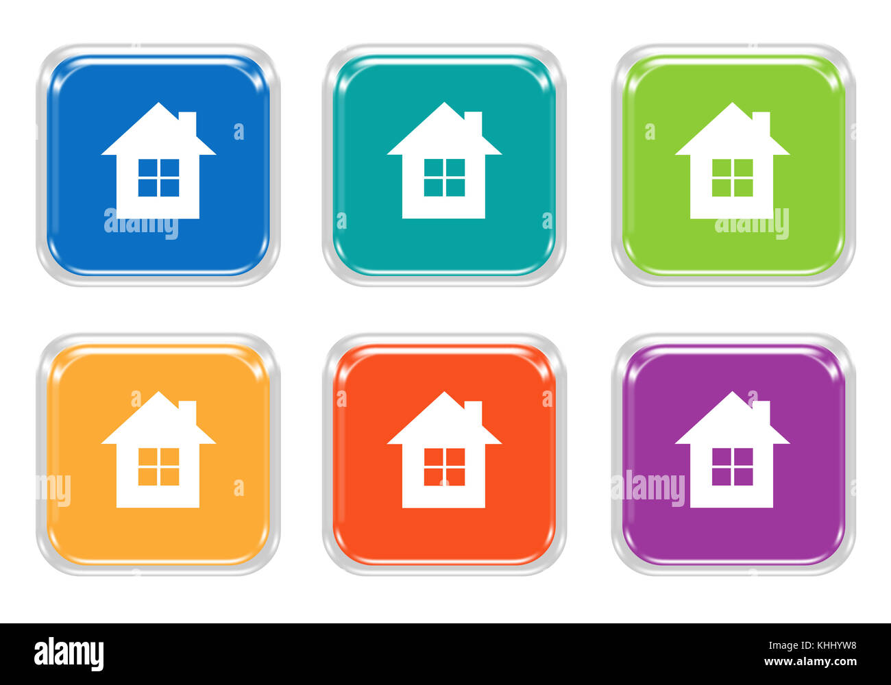 Set of rounded square colorful buttons with house symbol in blue, green ...