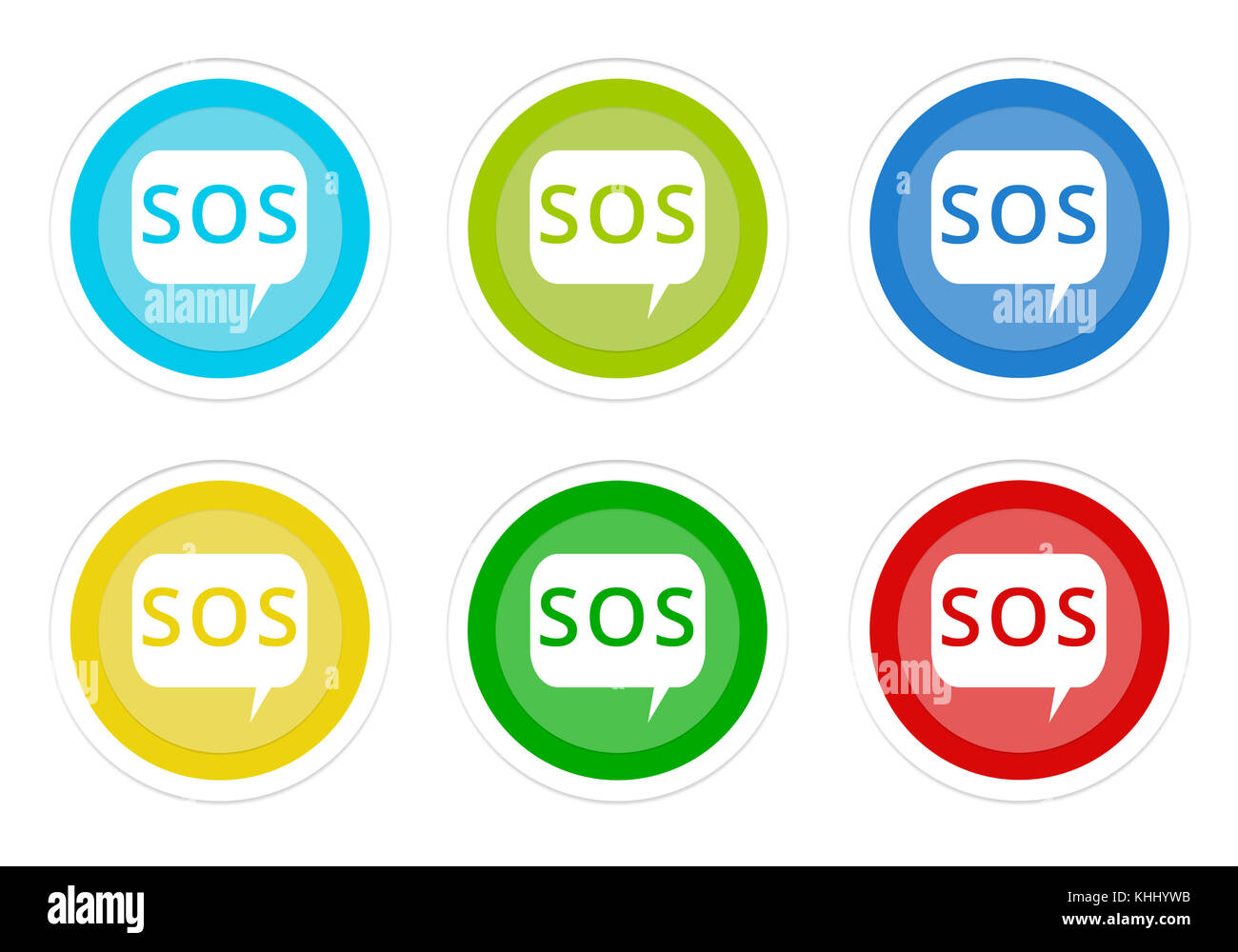 Set of rounded colorful buttons with SOS symbol in blue, green, yellow ...