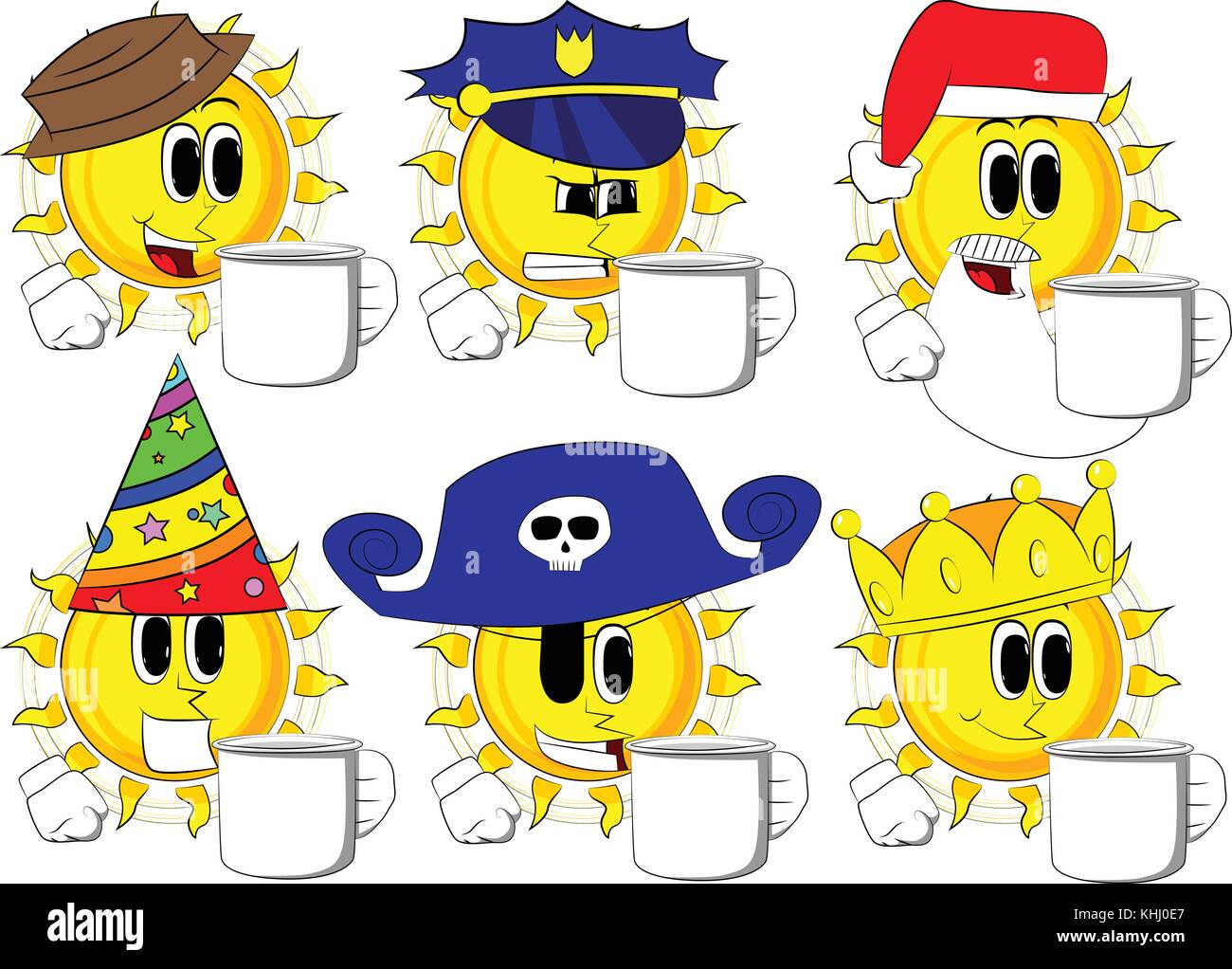 Cartoon sun holding big mug. Collection with costume. Expressions ...