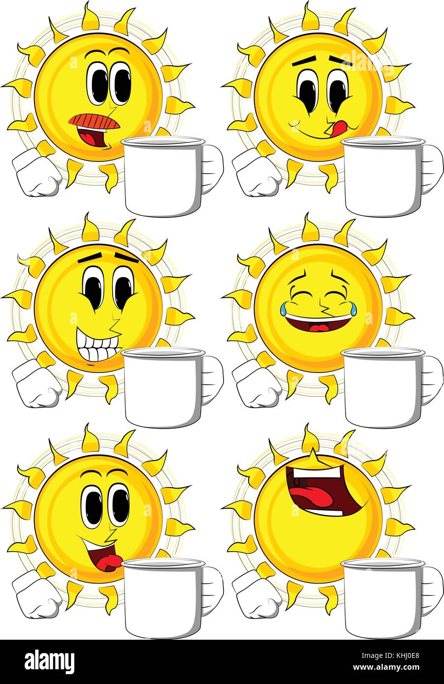 Cartoon sun holding big mug. Collection with happy faces. Expressions ...