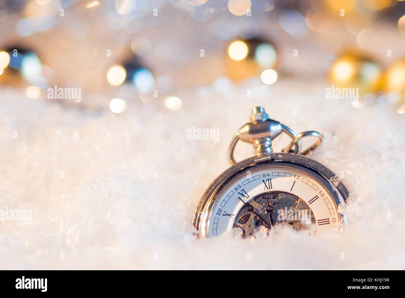 Festive background, antique clock in the snow Stock Photo - Alamy