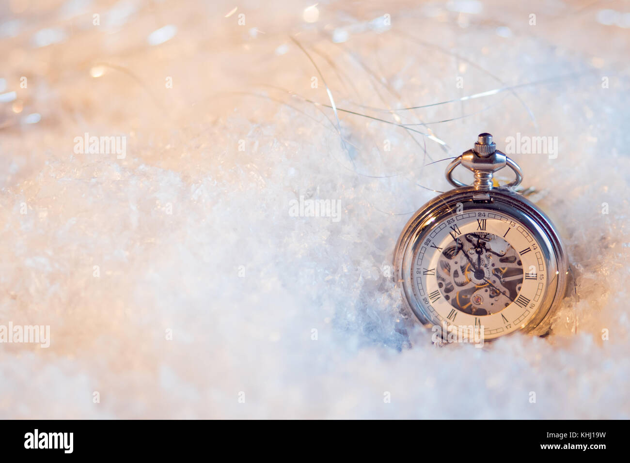 Festive background, antique clock in the snow Stock Photo - Alamy