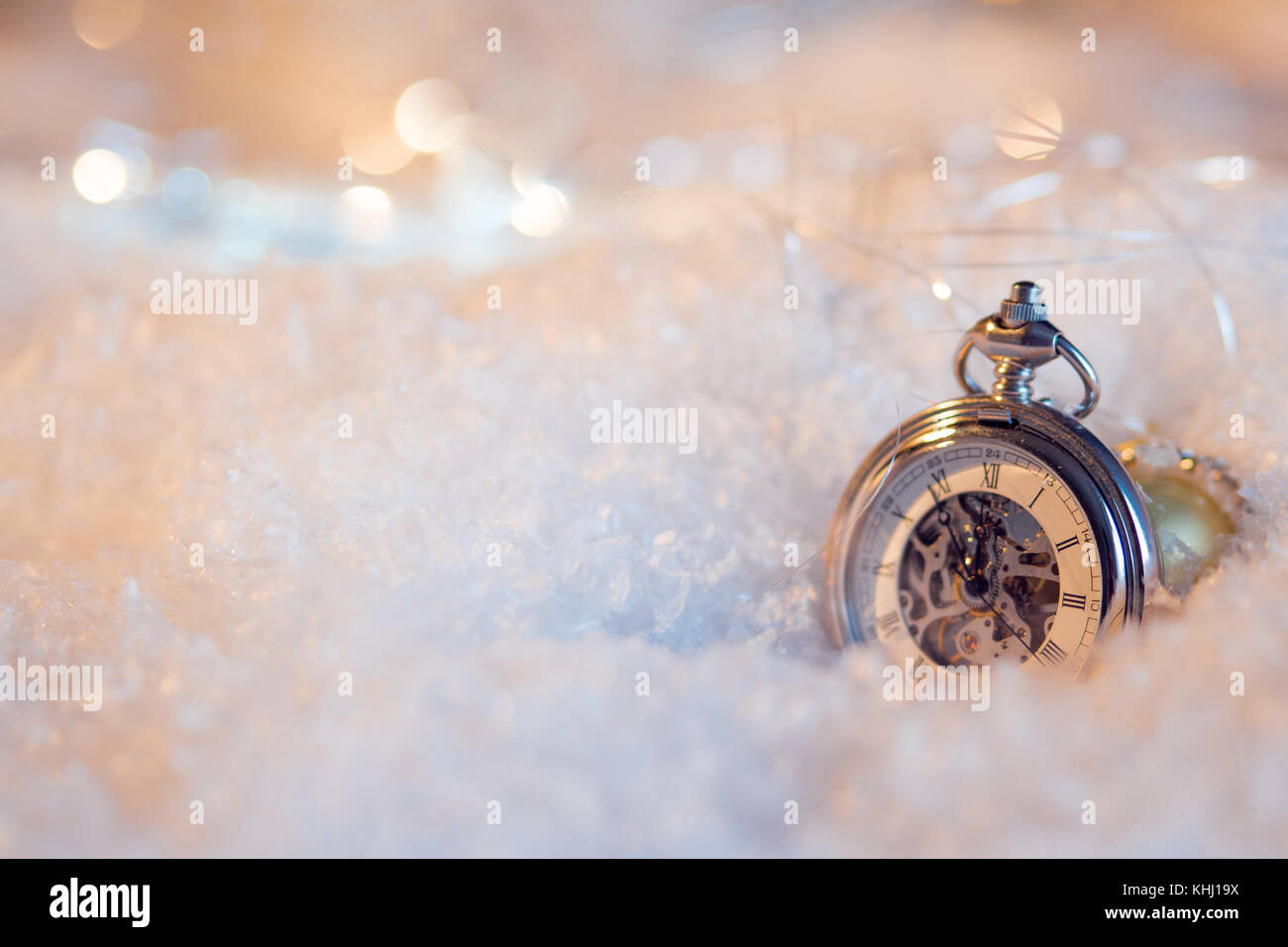Festive background, antique clock in the snow Stock Photo - Alamy