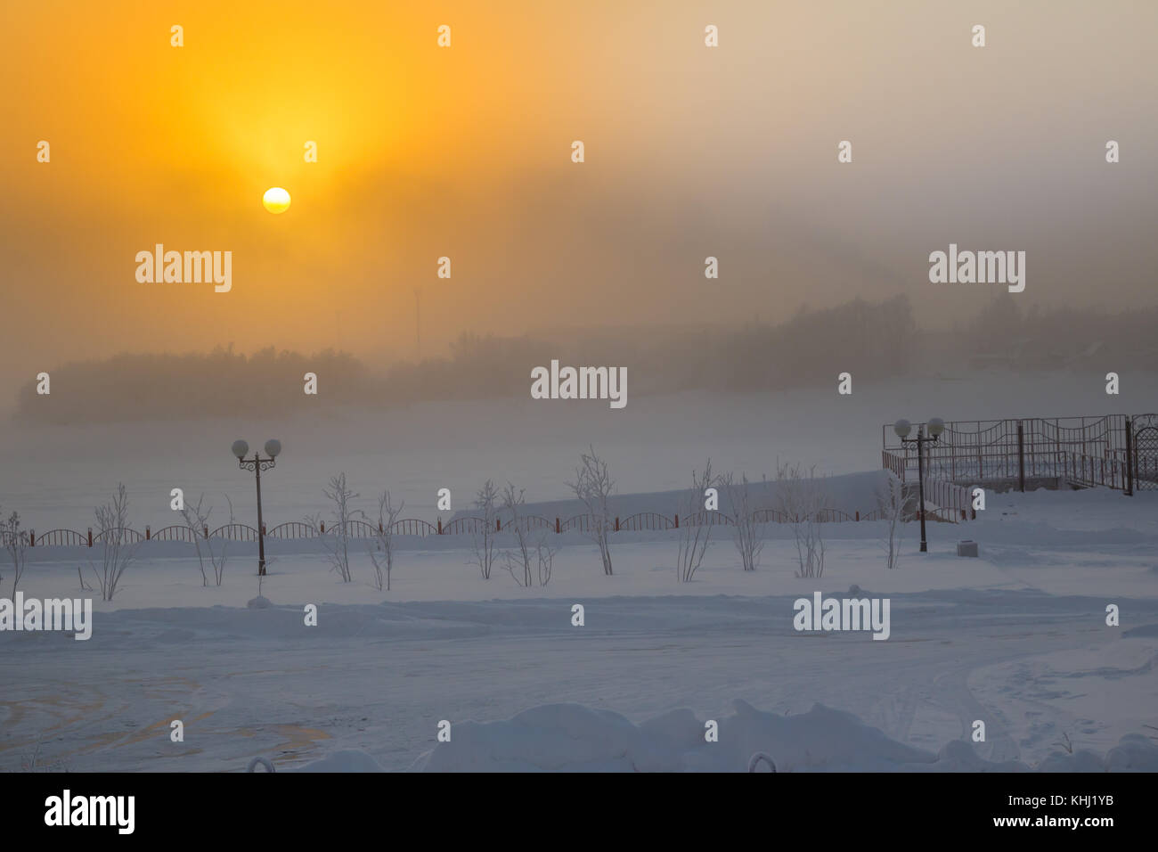 Winter Christmas landscape against a background of a frosty mist ...