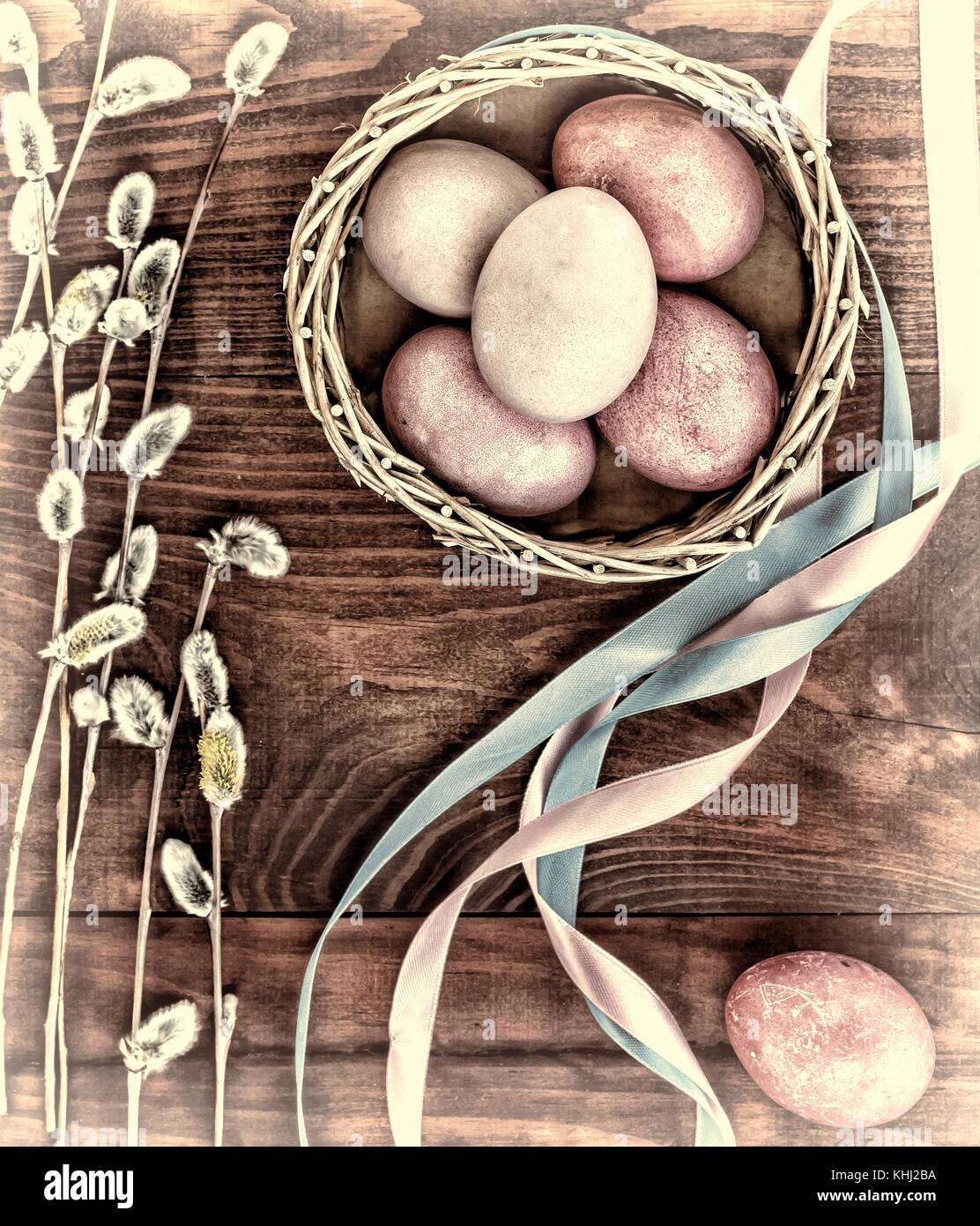 Easter eggs and willow branches. Conception: Happy Easter tonet. top ...