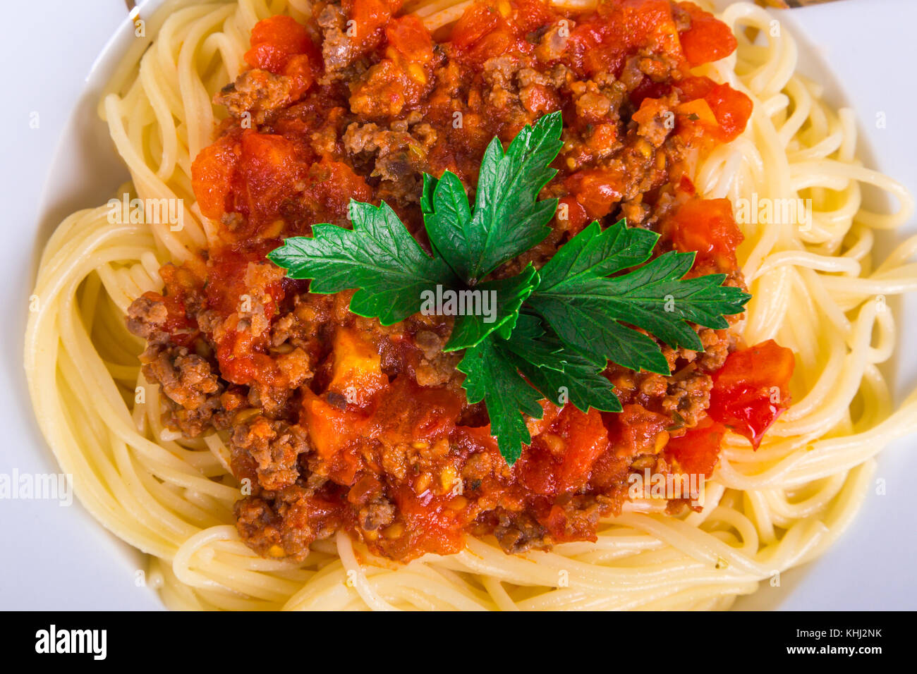 Top view of plate of spaghetti pasta with tomato bolognese sauce Stock ...