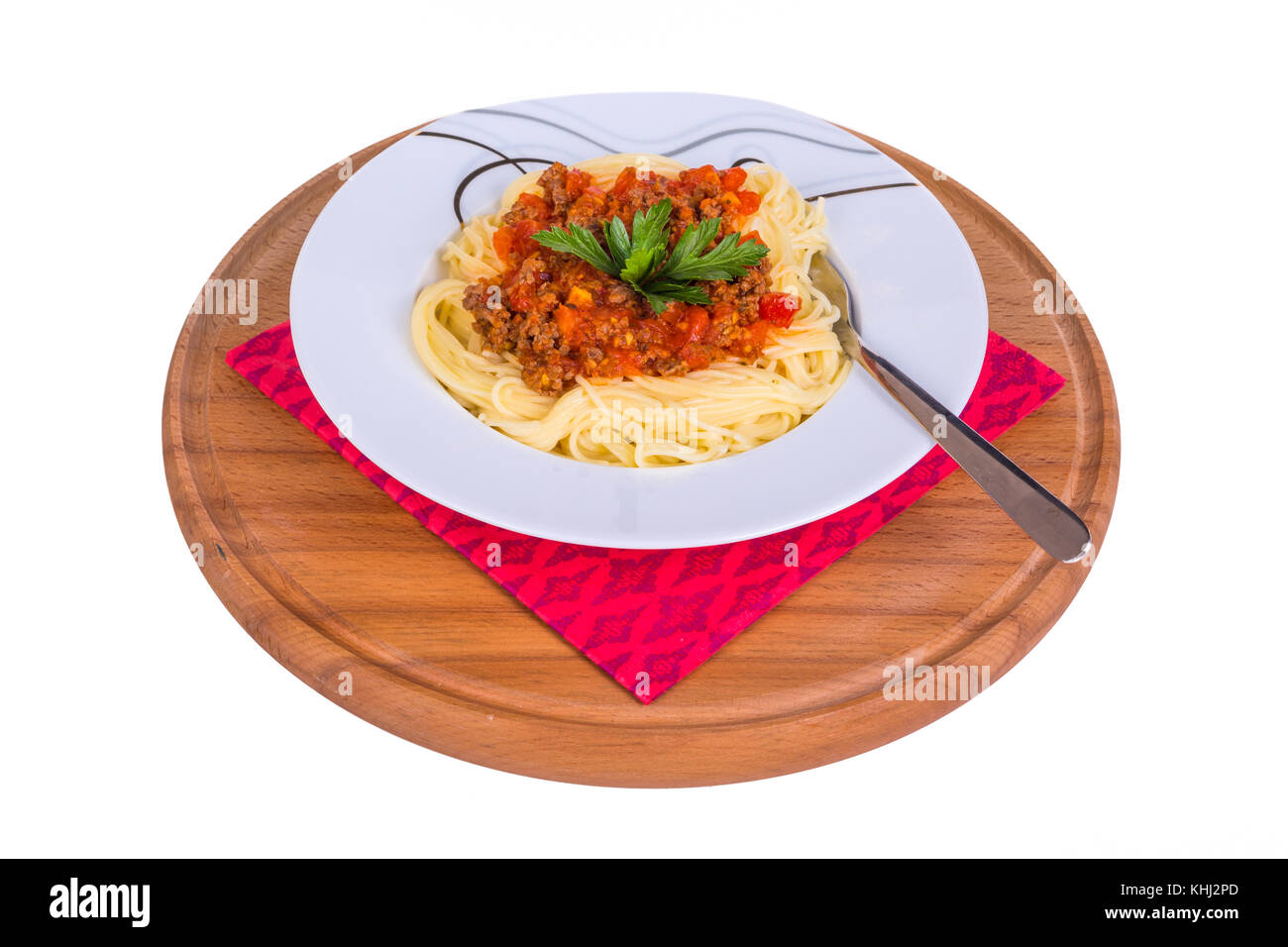 Top view of plate of spaghetti pasta with tomato bolognese sauce ...