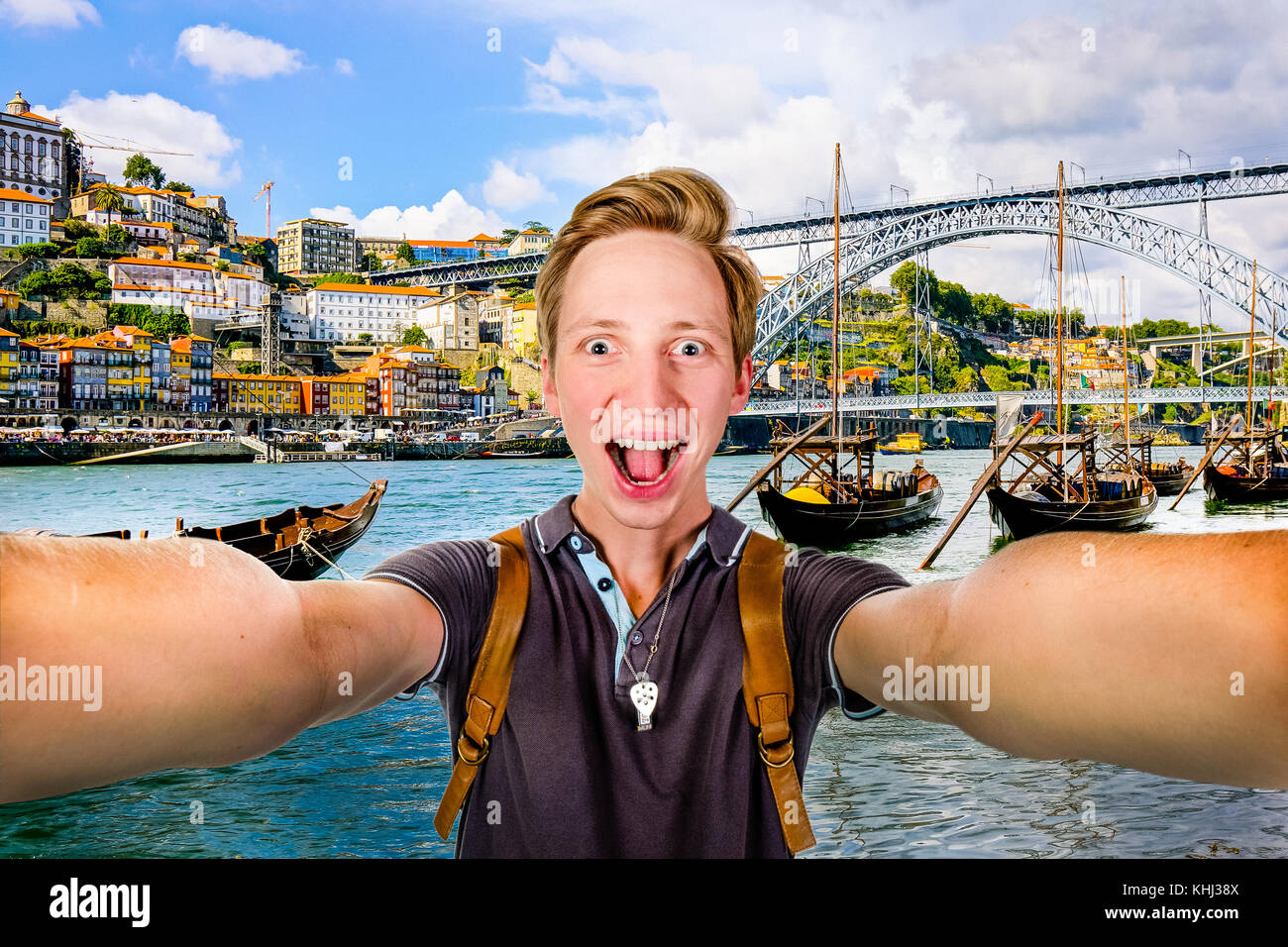 Young happy man taking selfie using front camera Stock Photo - Alamy