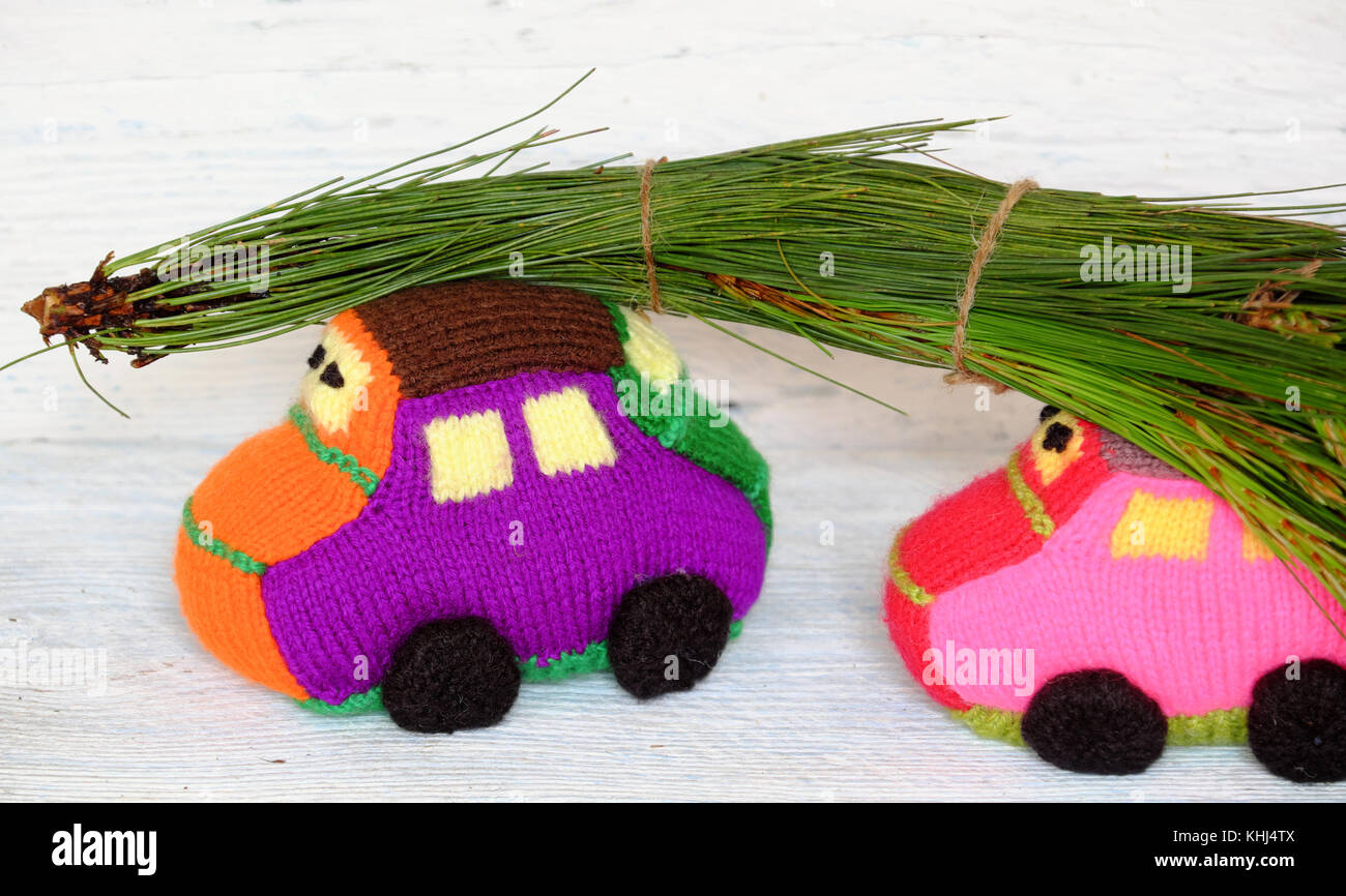 Two car transport pine tree for Xmas decoration, knitted colorful cars ...