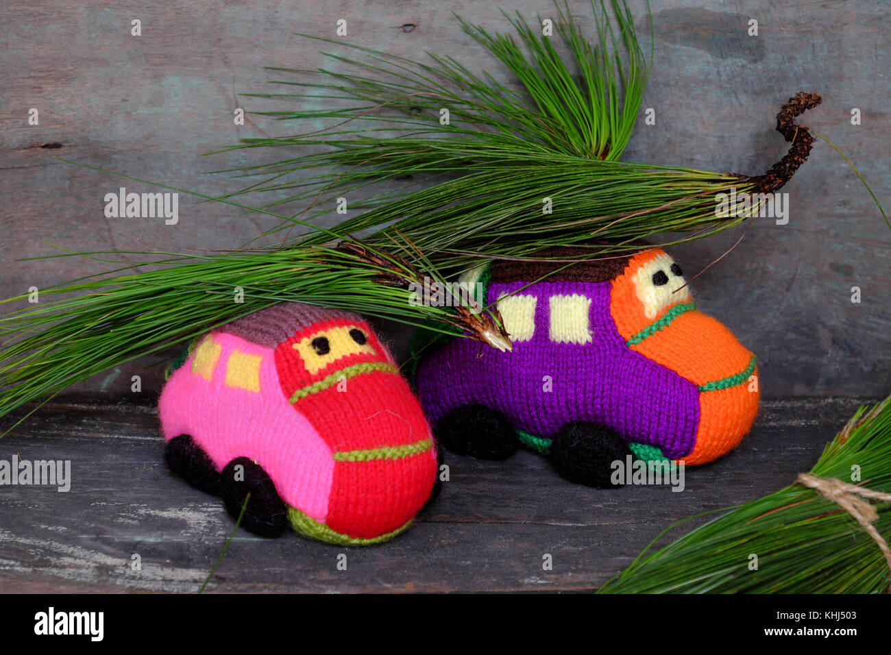 Two car transport pine tree for Xmas decoration, knitted colorful cars ...