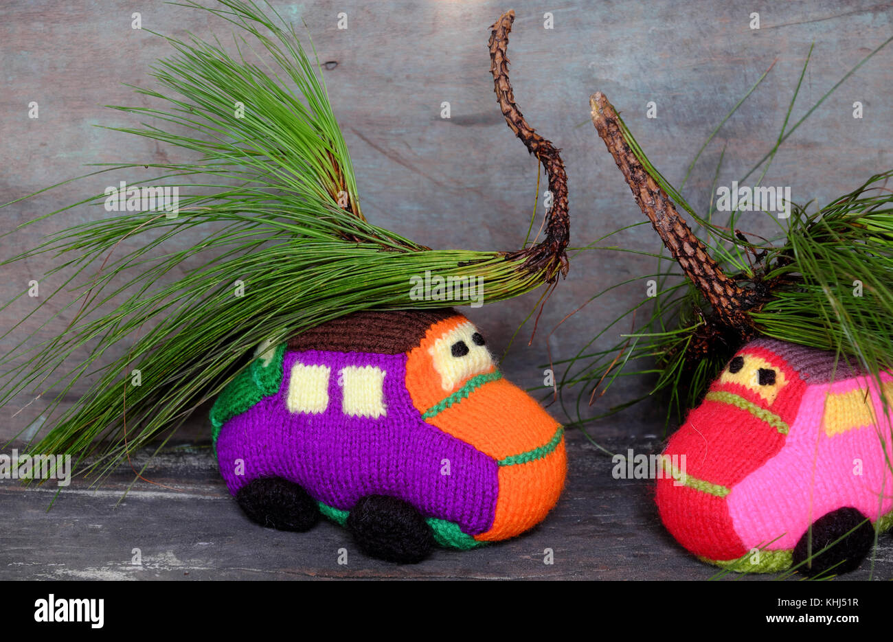 Two car transport pine tree for Xmas decoration, knitted colorful cars ...