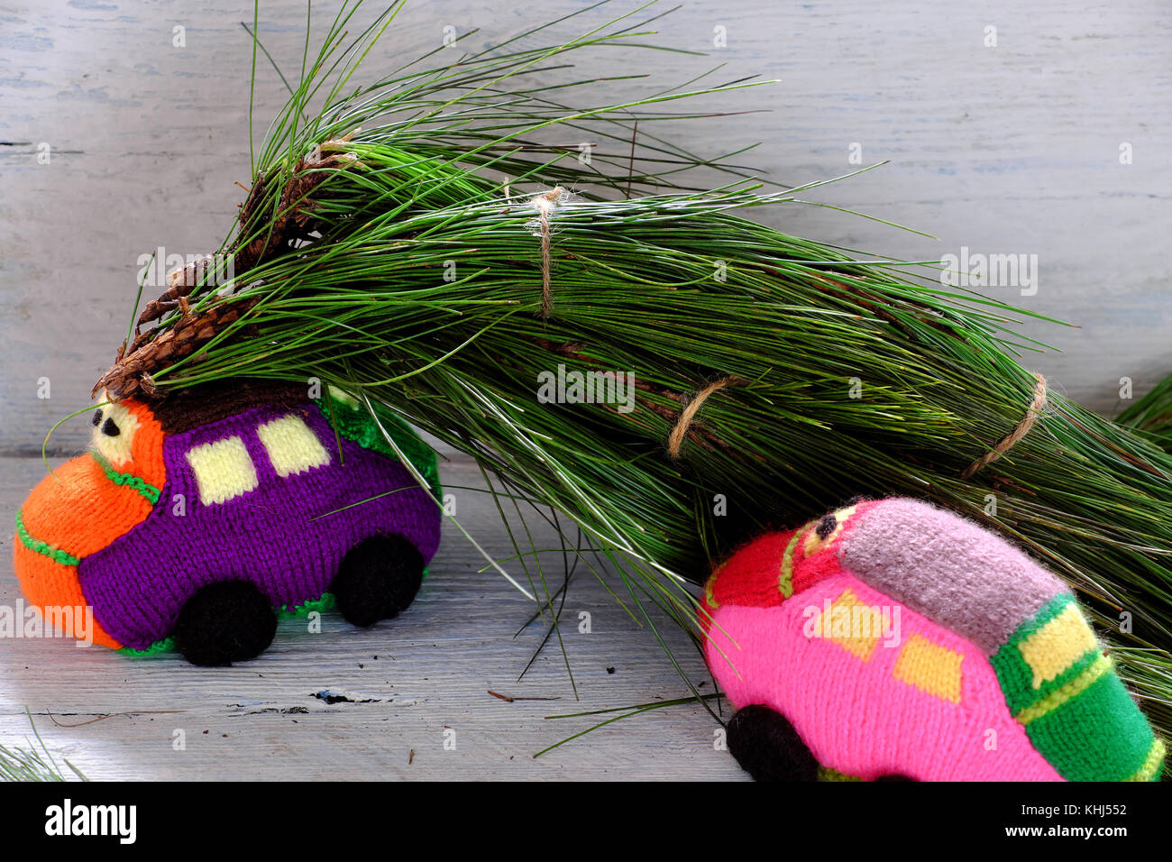 Two car transport pine tree for Xmas decoration, knitted colorful cars ...