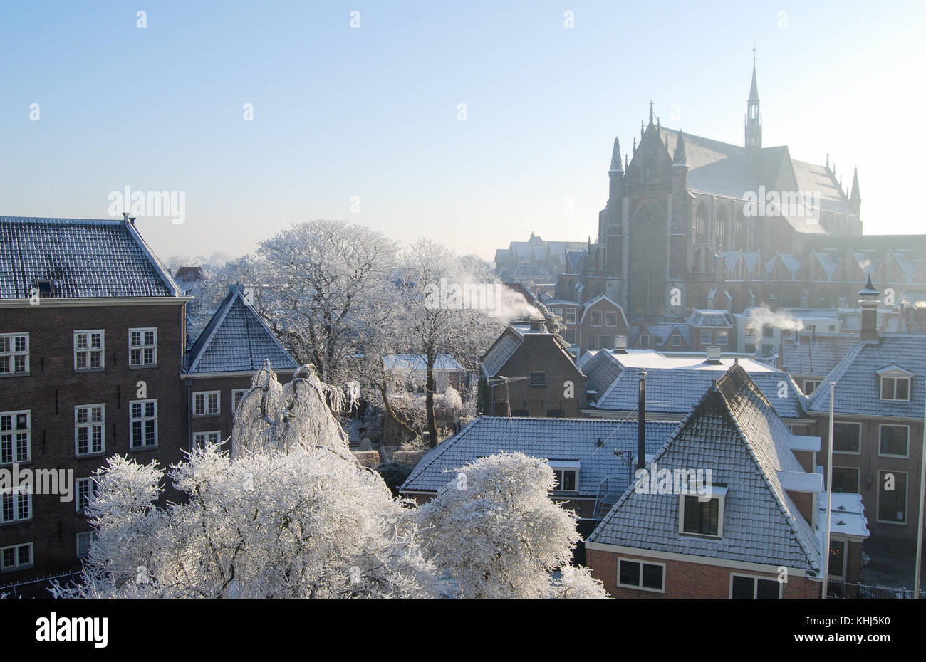 View of historic building in old town with trees and branches covered ...