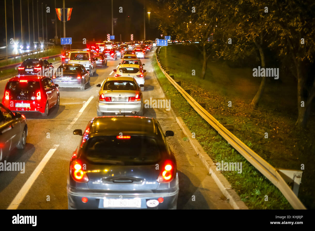 ZAGREB, CROATIA - NOVEMBER 5, 2017 : Cars lined up in a city traffic ...