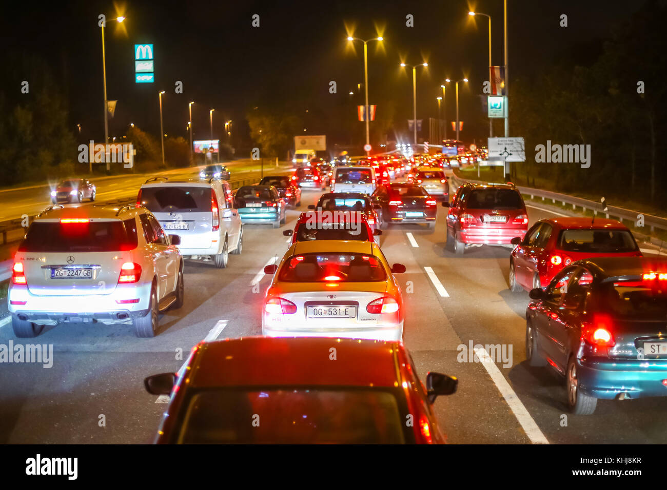 ZAGREB, CROATIA - NOVEMBER 5, 2017 : Cars lined up in a city traffic ...