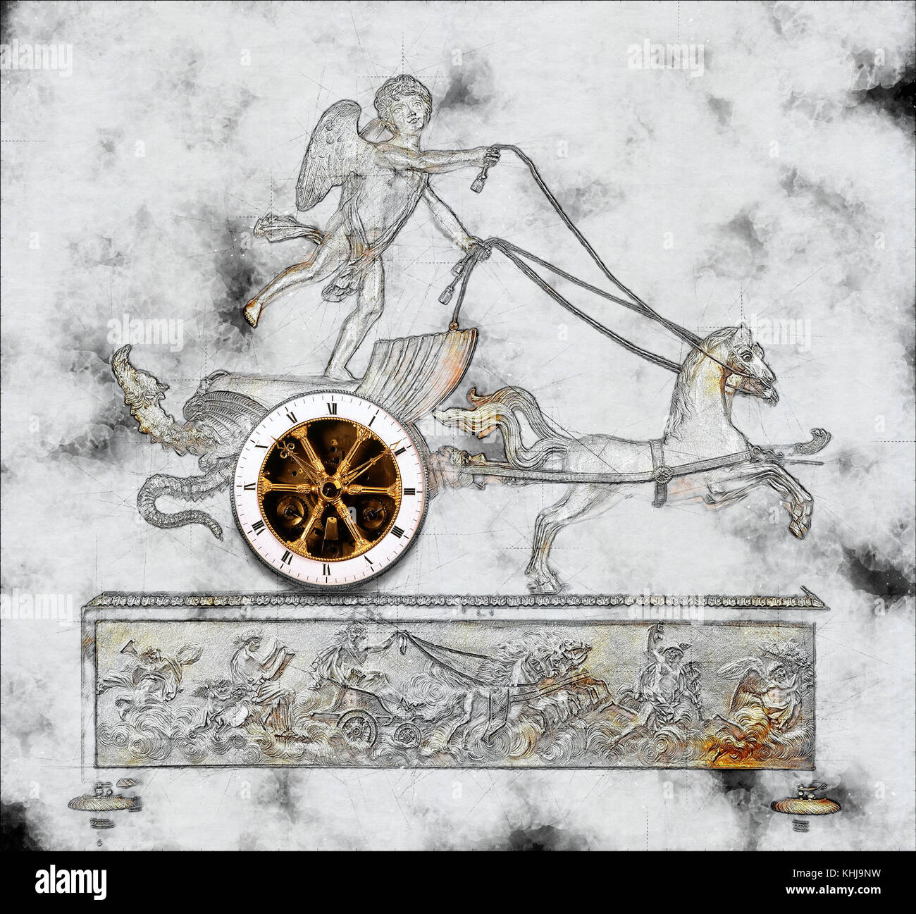Partial Sketch of a Antique clock with angels and horses figurines ...