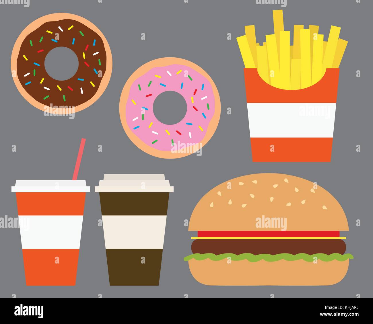 Flat design illustration of a fast food meal with food and drink ...