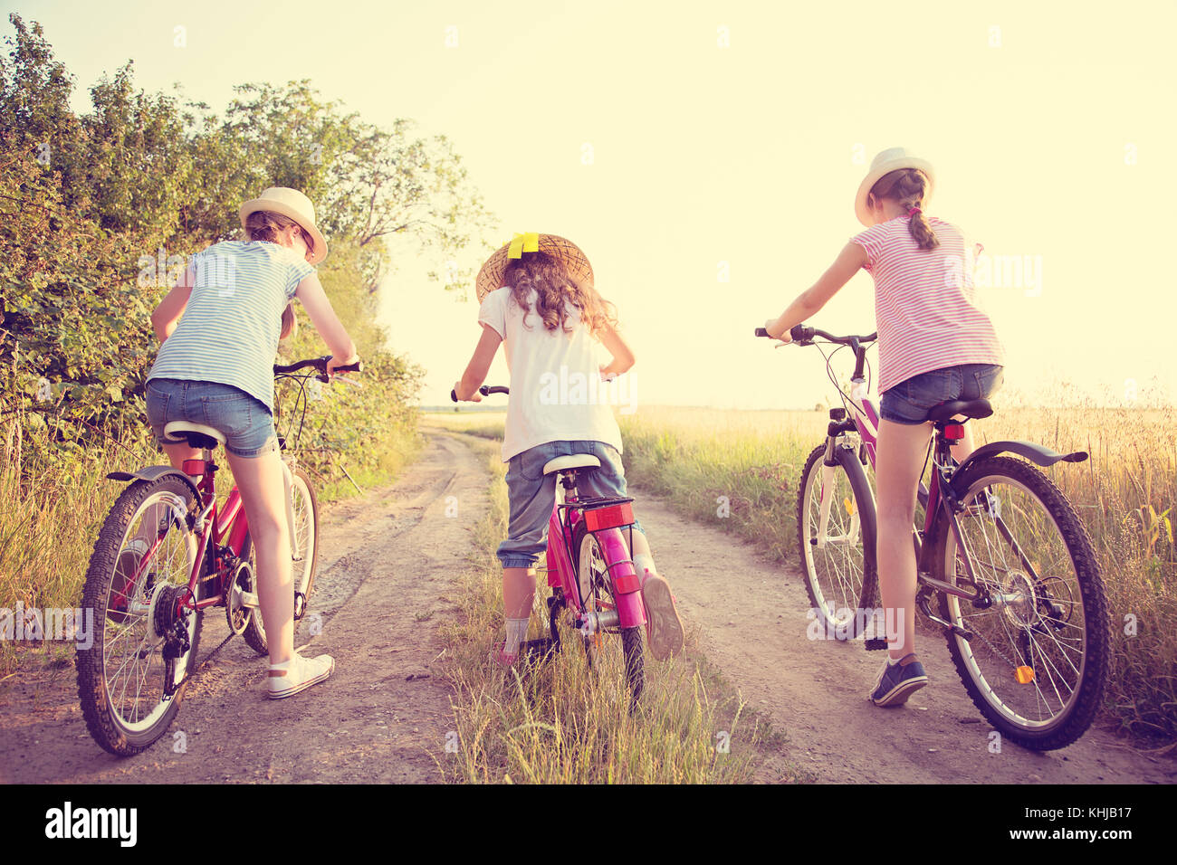 Three young girls on a bicycles in the field on sunny summer day ...