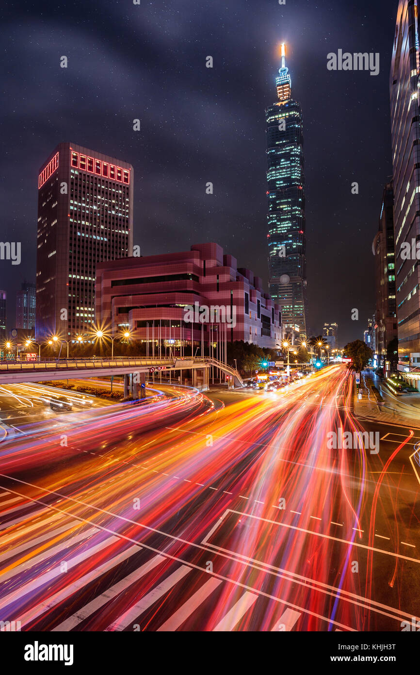 Light trails in a busy intersection in Taipei, Taiwan Stock Photo - Alamy
