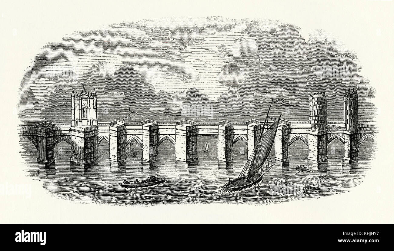 Old engraving of London Bridge c. 1220 depicting the bridge before it ...