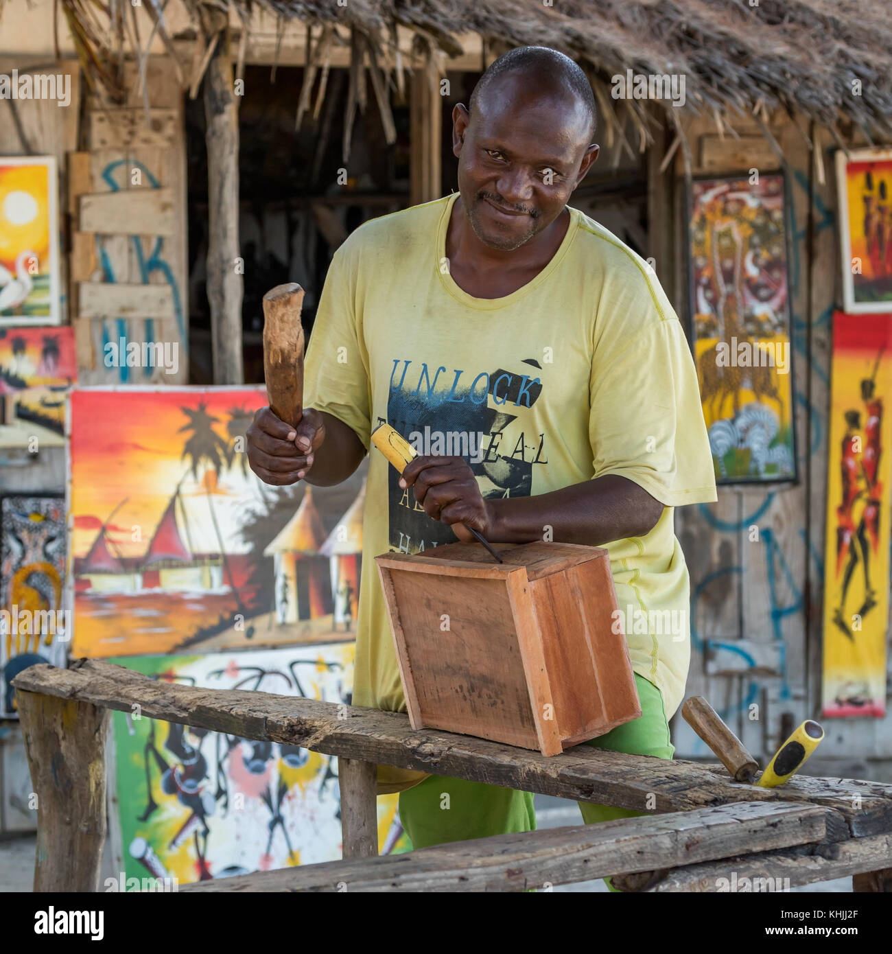Local carpenter making wooden box using traditional manual tools on the ...