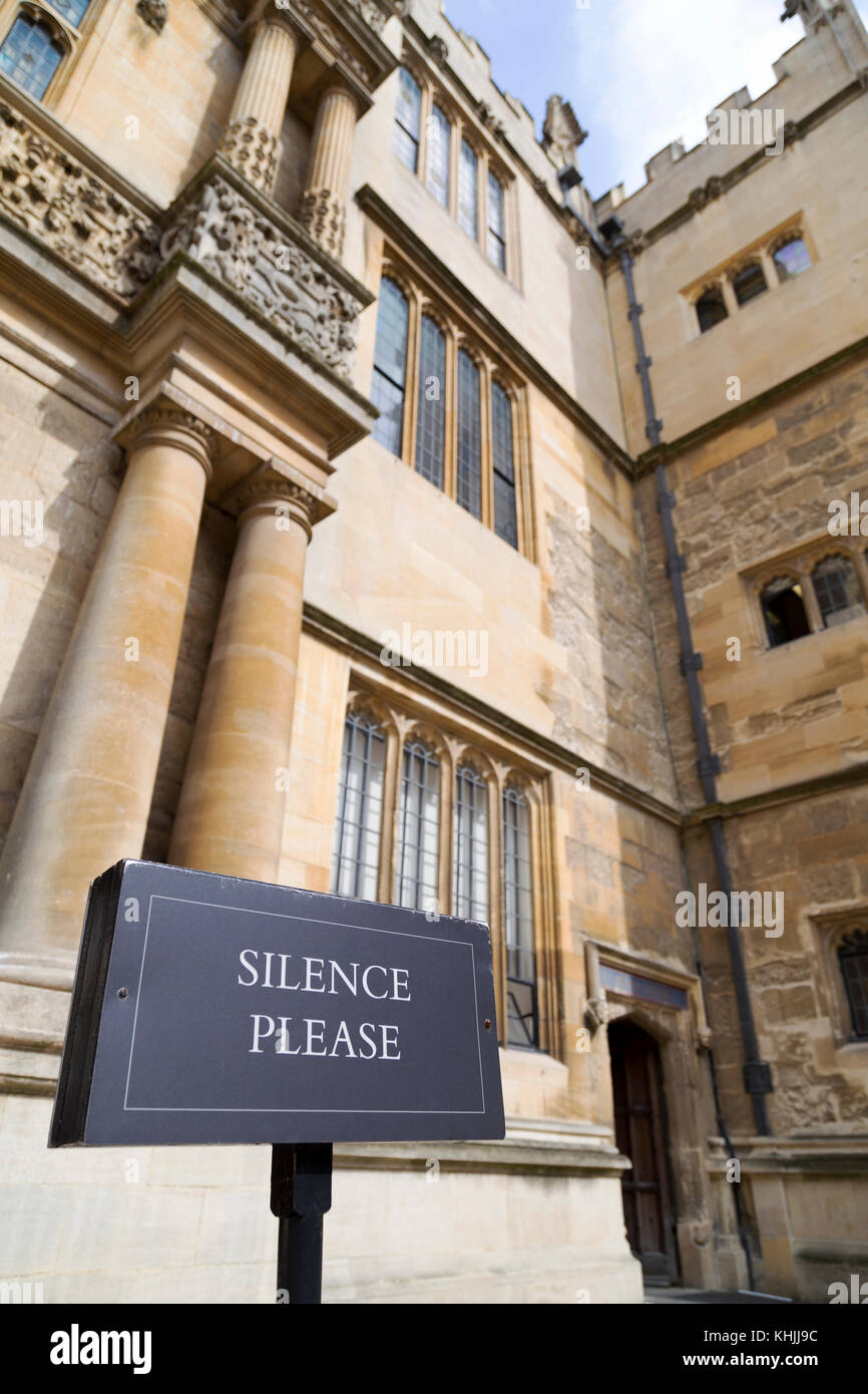 UK, Oxford, Silence Please signage within the courtyard of the Bodleian ...