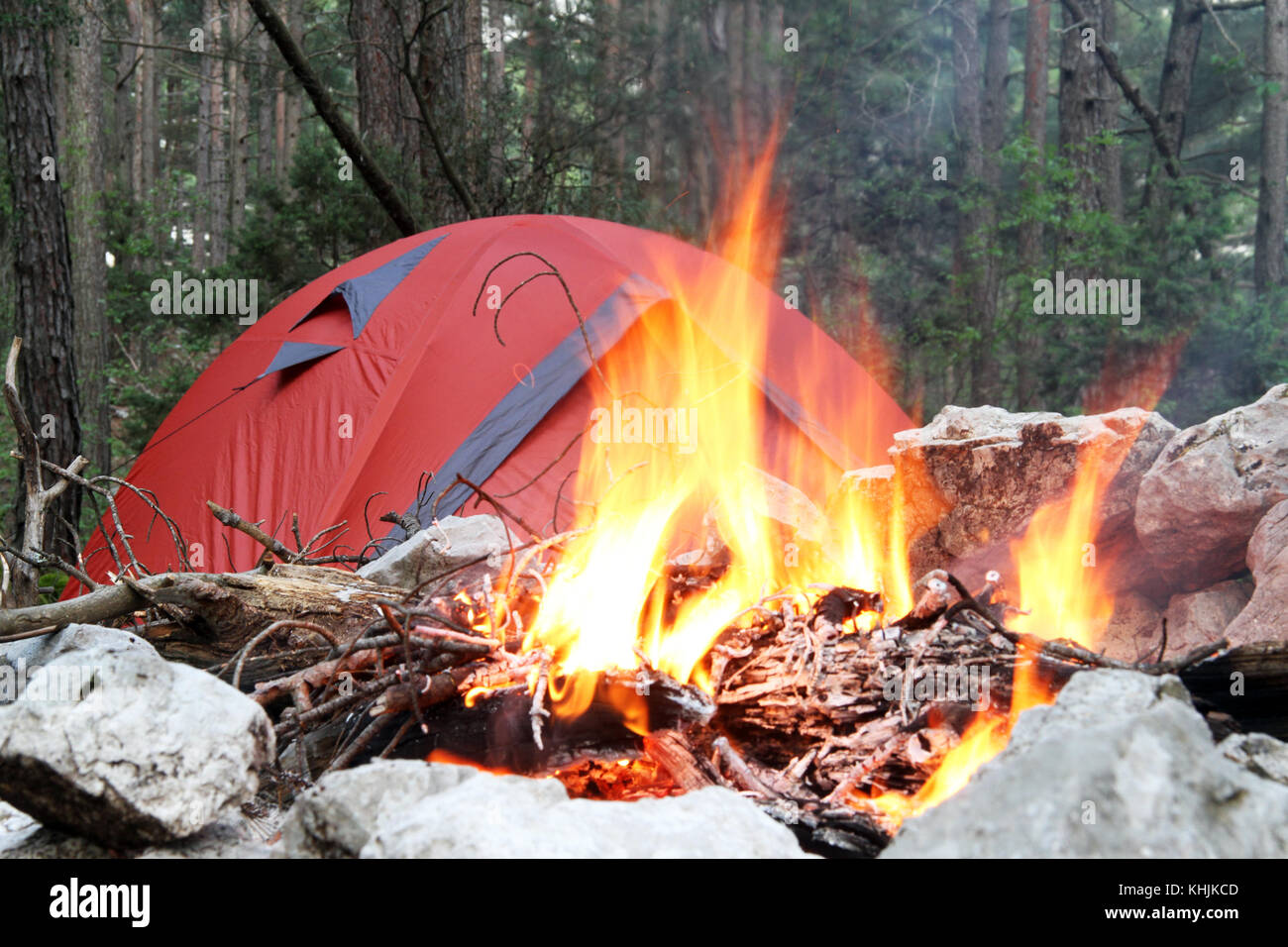 Fire And Tent In The Woods
