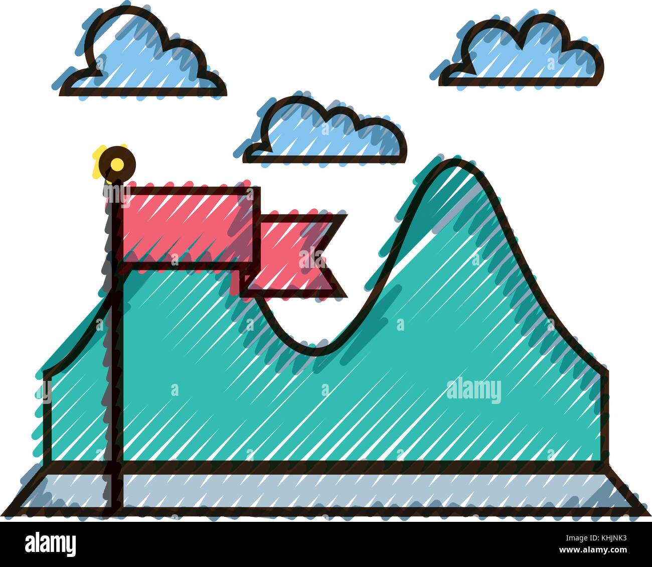 doodle landscape with mountains and clouds in the sky and flag design ...