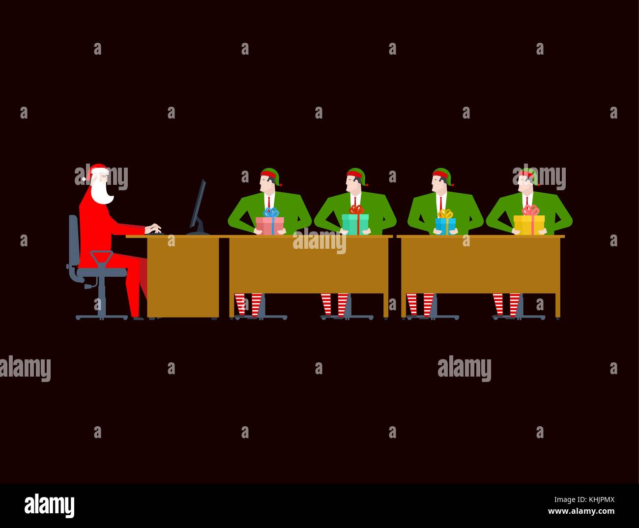 Santa Claus Meeting. Christmas office. Elf and gift. New Year work ...