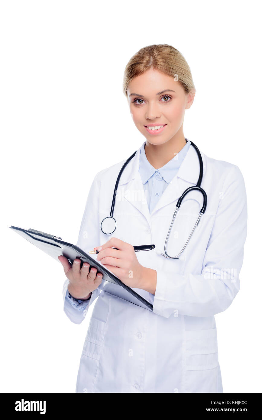 female doctor writing diagnosis Stock Photo - Alamy