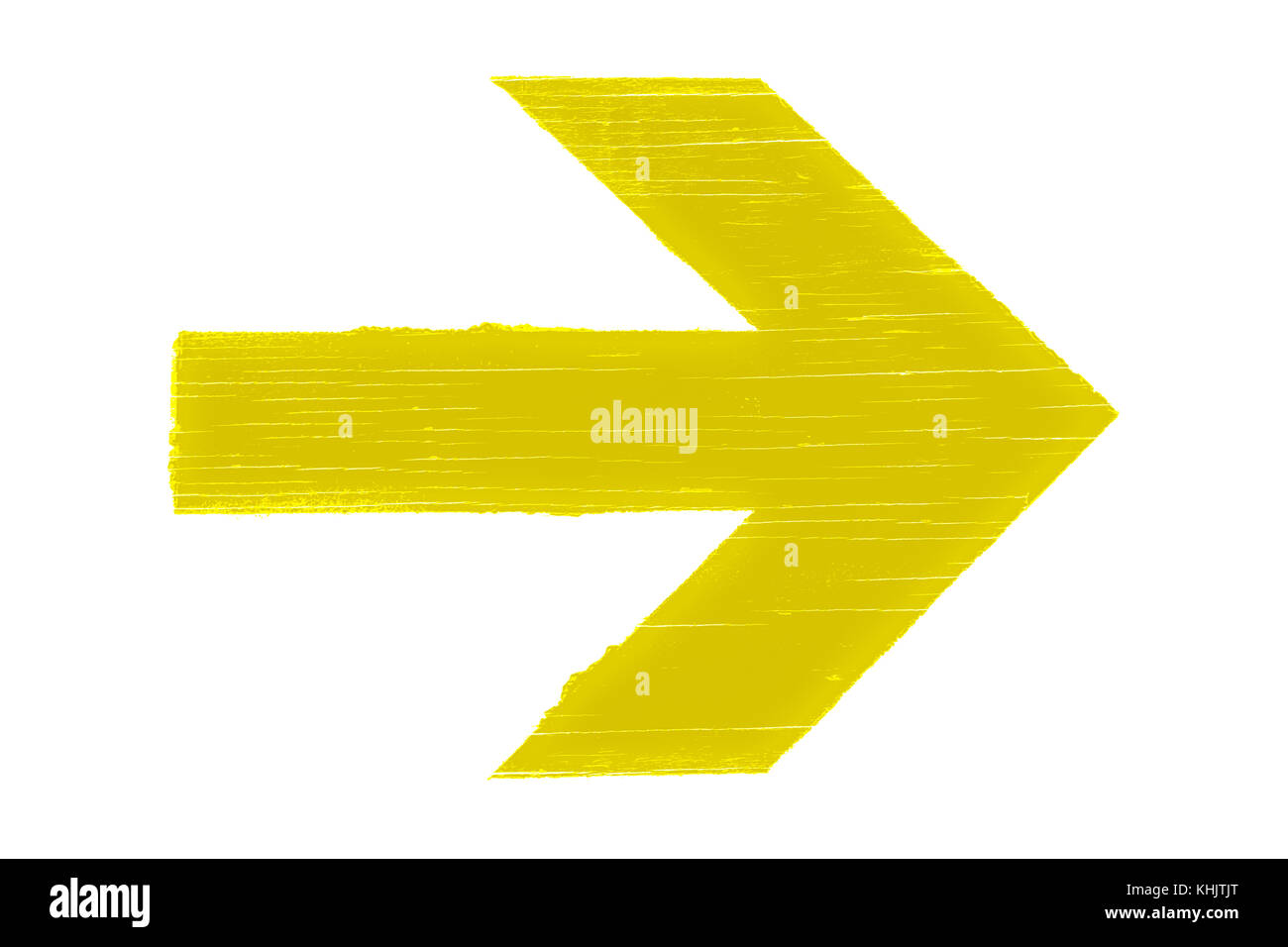 Yellow directional arrow manually painted on wooden signboard texture ...