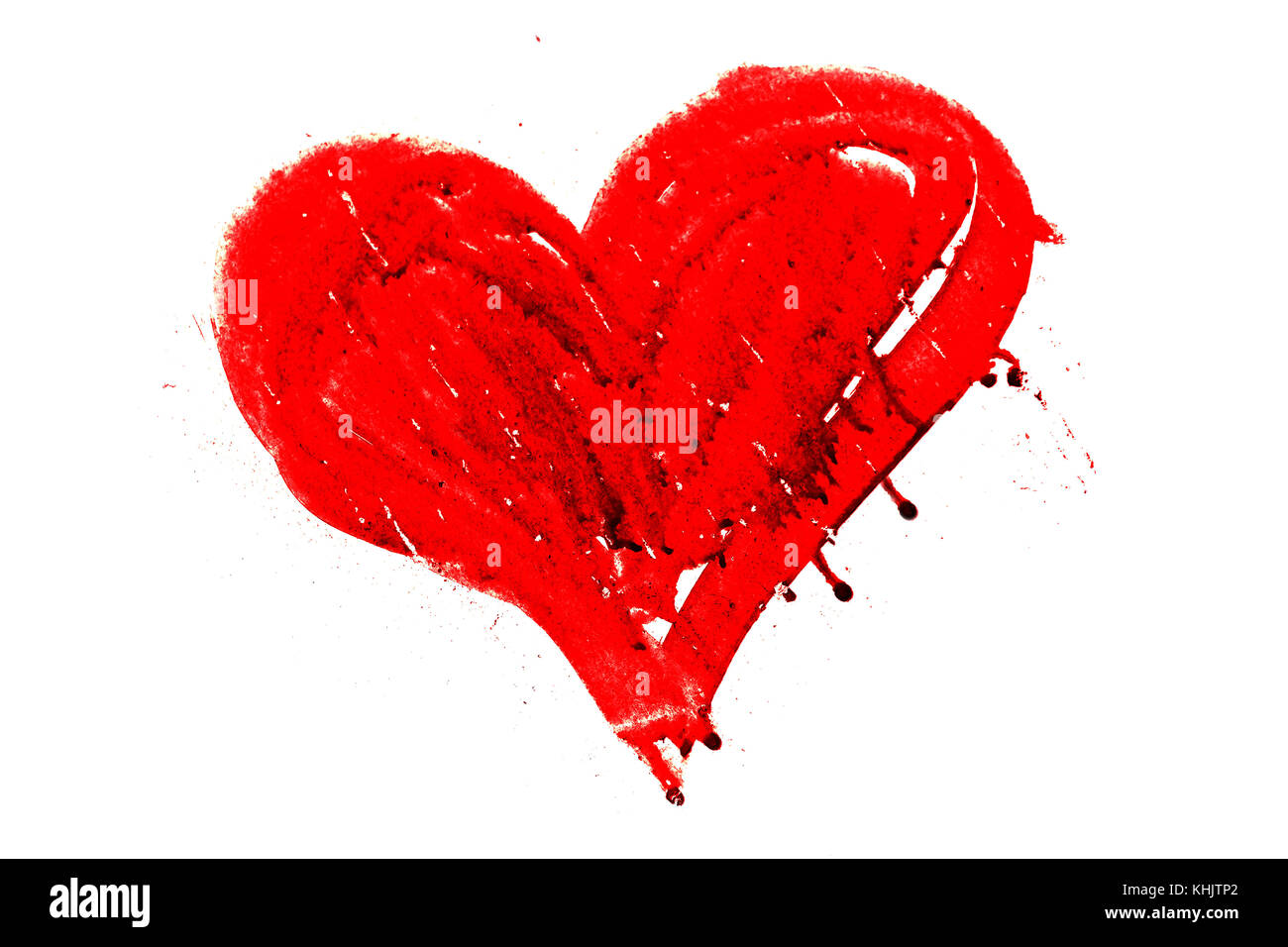 Hand drawn painted red heart with drips and dry paint imperfections ...