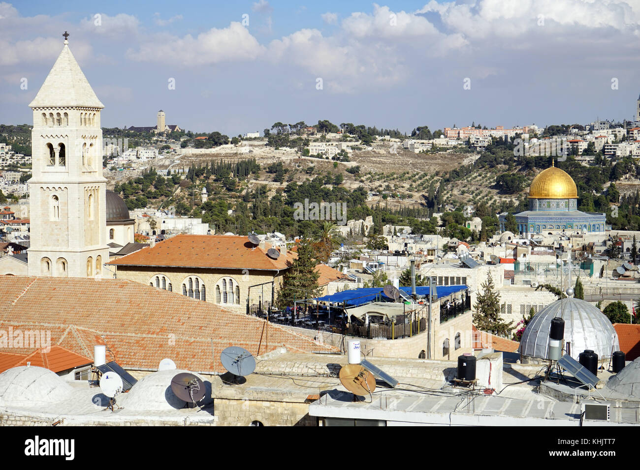 Bell tower and golden dome in Old city of Jerusalem, Isrsel Stock Photo ...