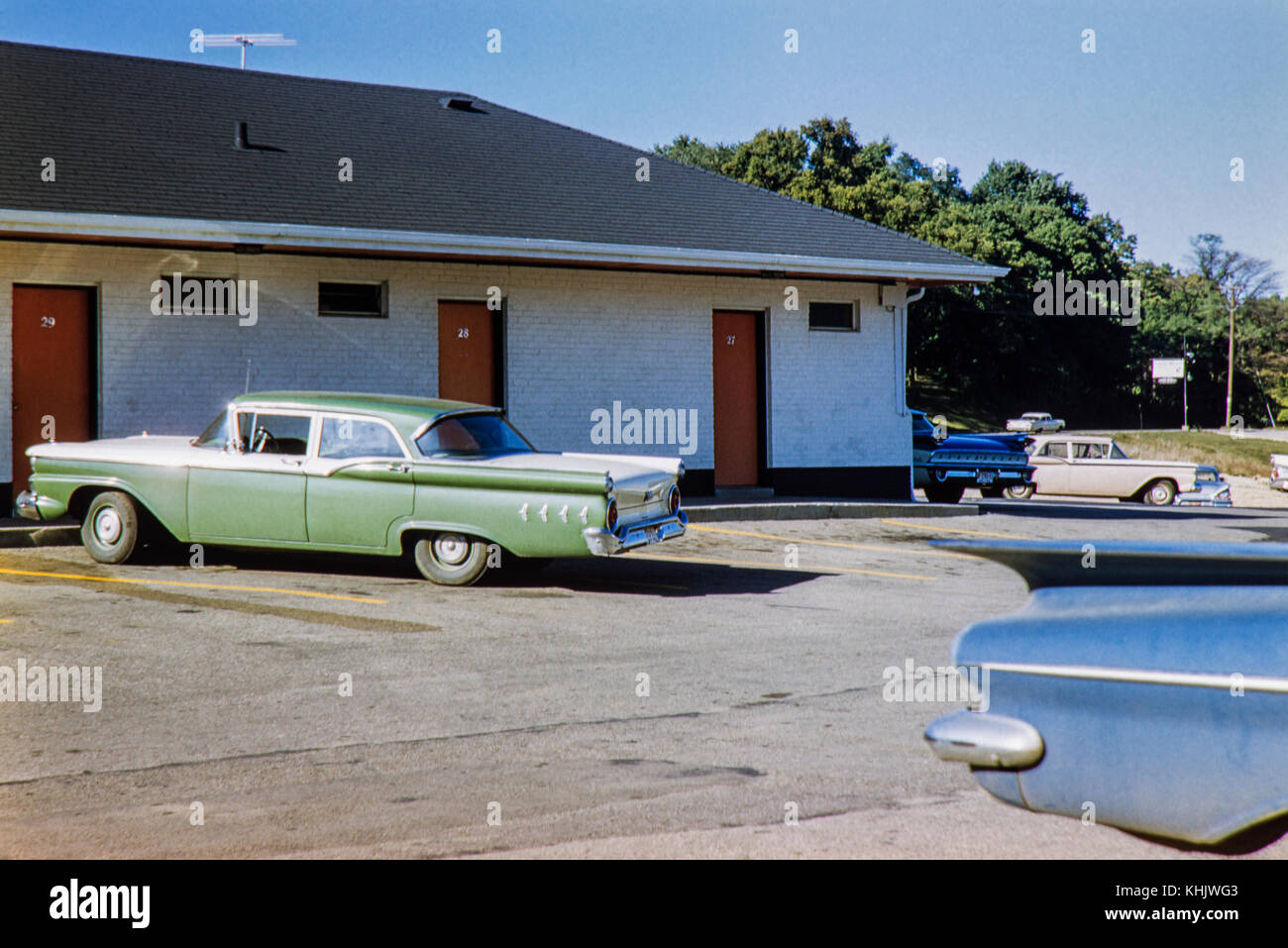Classic American cars outside an unknown motel. Circa 1959 Stock Photo ...