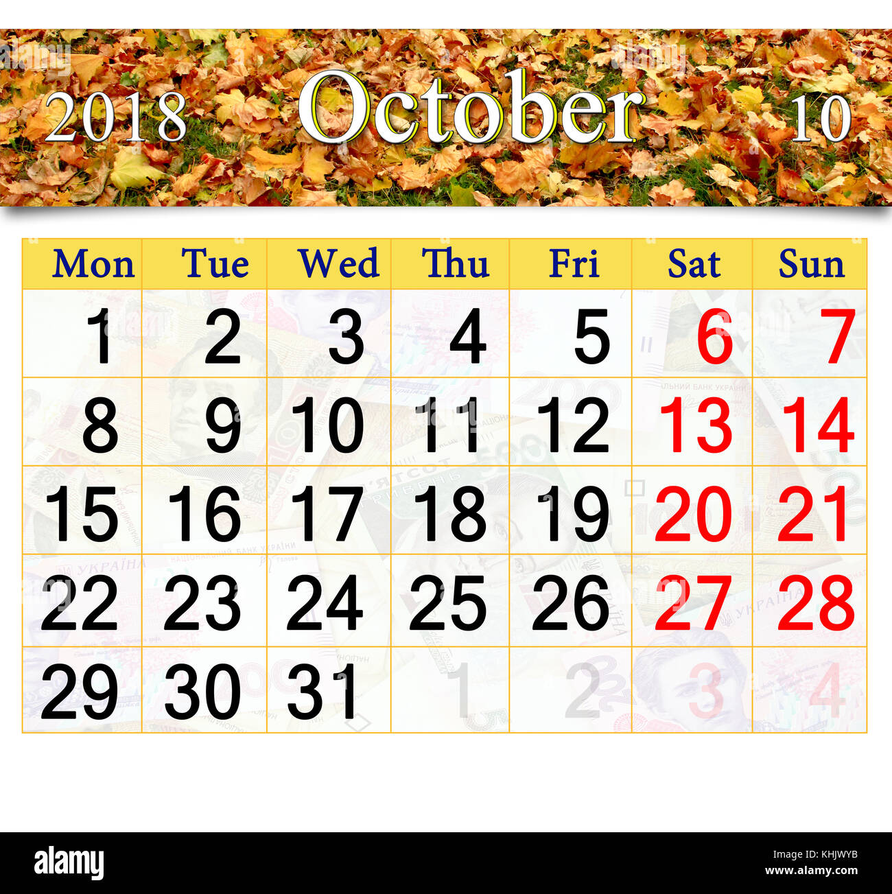 calendar for October 2018 with the image of yellow maple leaves Stock ...