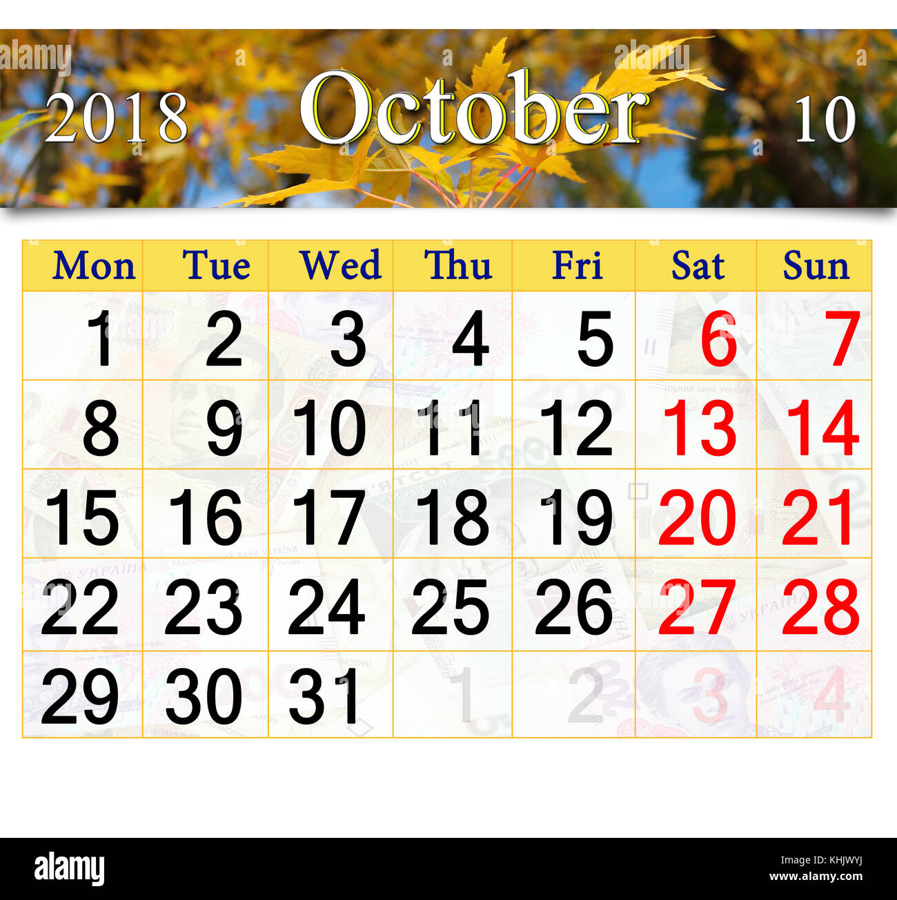 calendar for October 2018 with the image of yellow maple leaves Stock ...