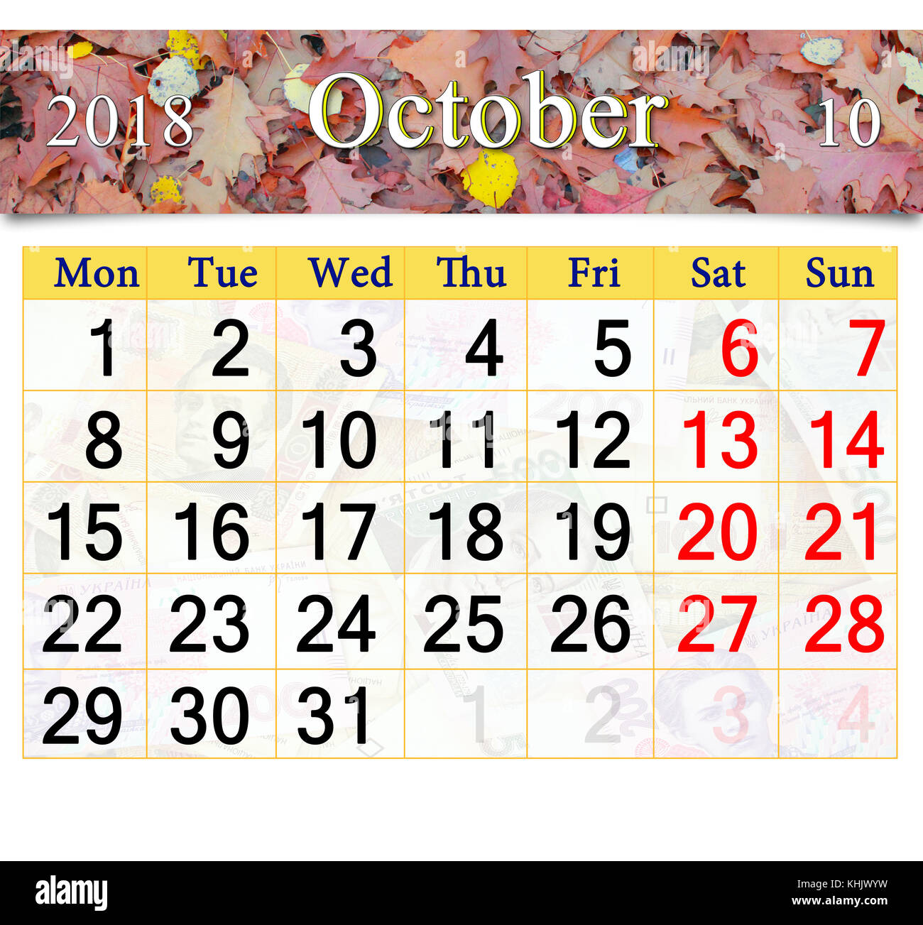 calendar for October 2018 with the image of yellow maple leaves Stock ...