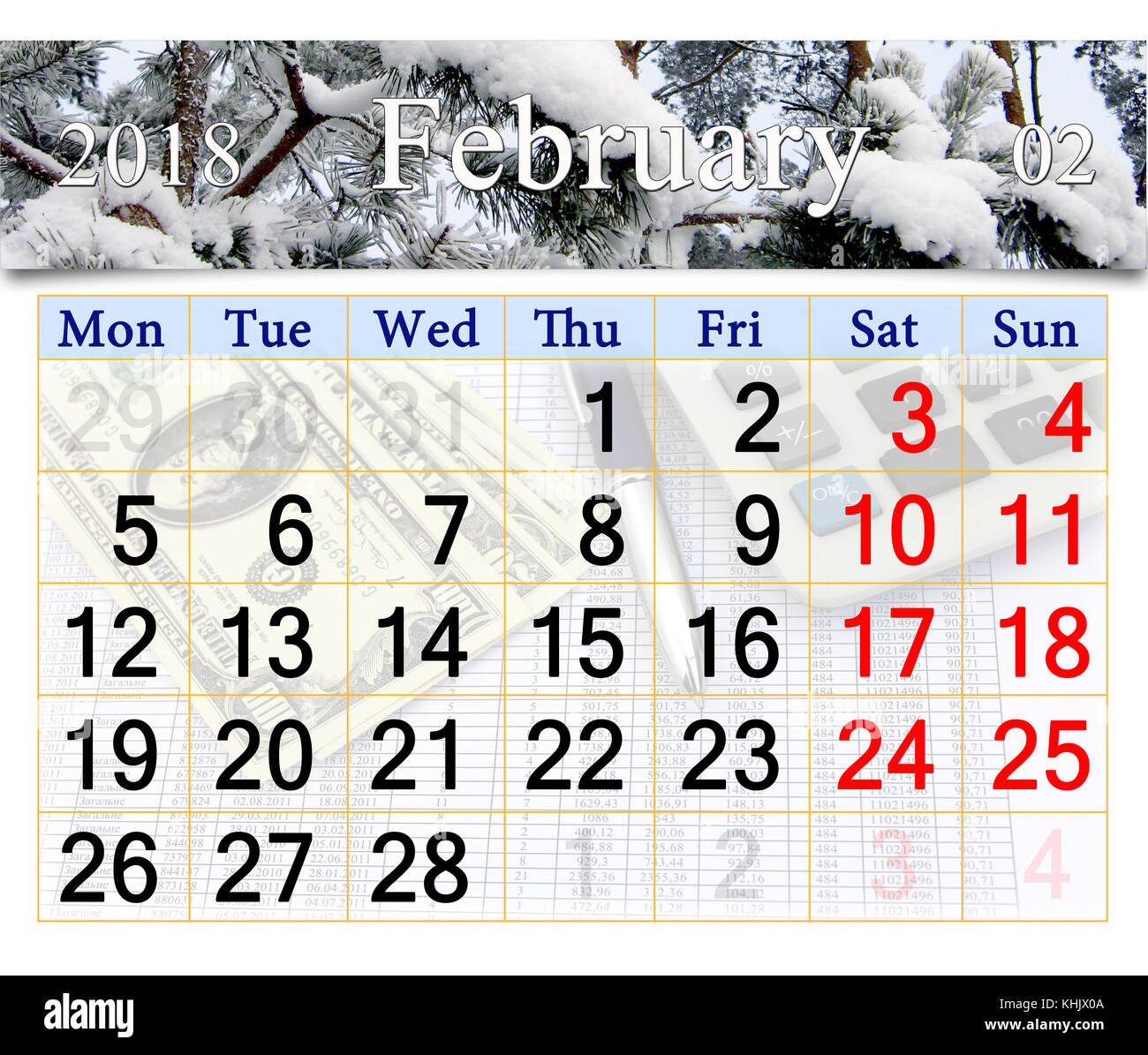 calendar for February 2018 with snowy pine branches in the forest Stock ...