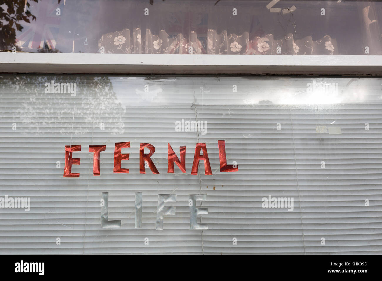The words Eternal Life in the window of a community church on the Old ...