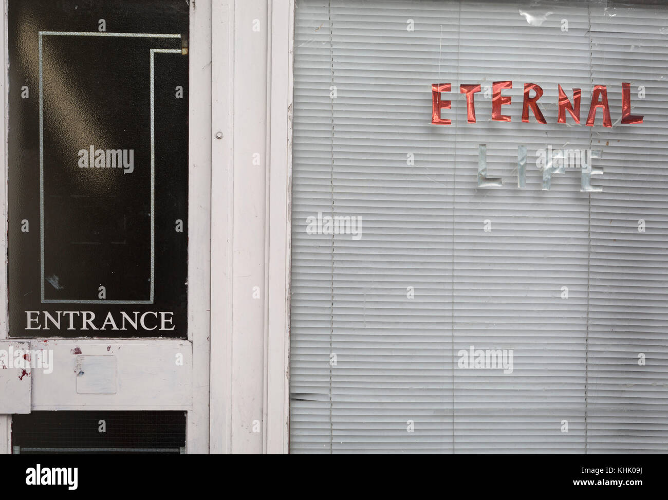 The words Eternal Life in the window of a community church on the Old ...